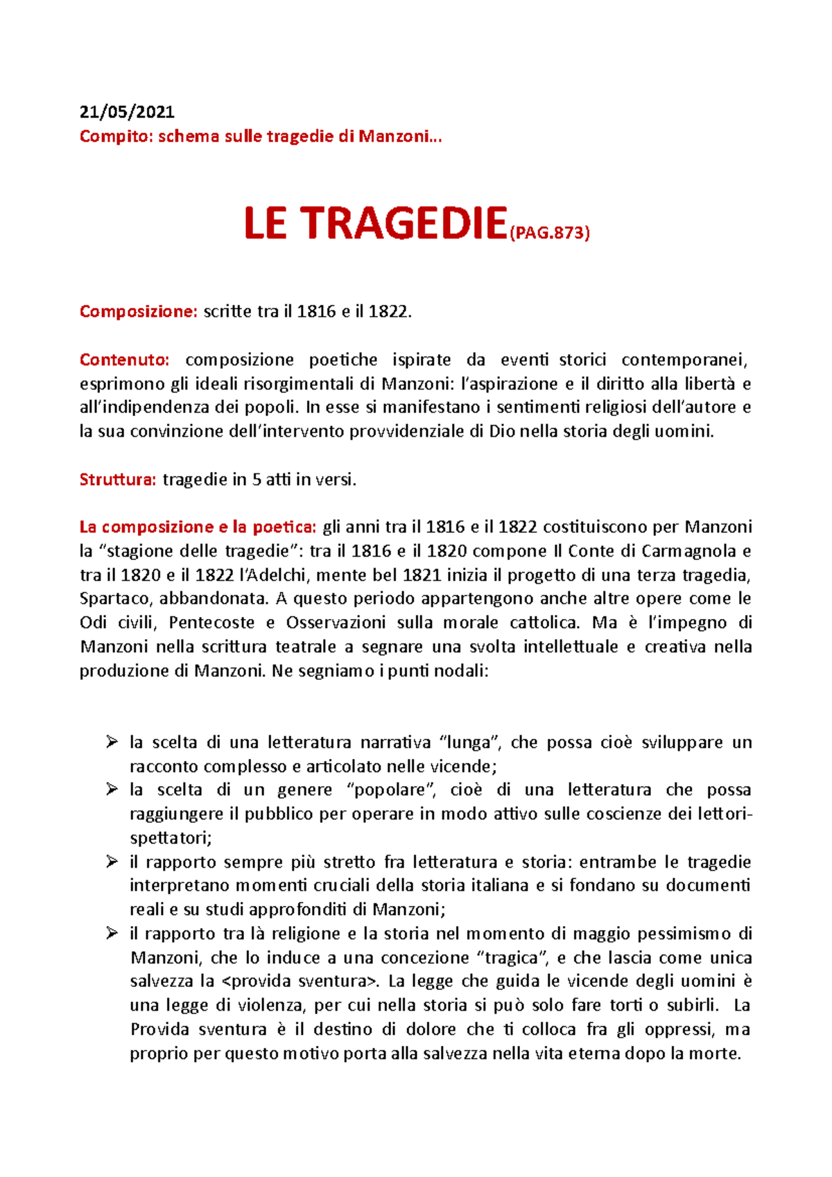 Le Tragedie - 21/05/ Compito: schema sulle tragedie di Manzoni... LE ...
