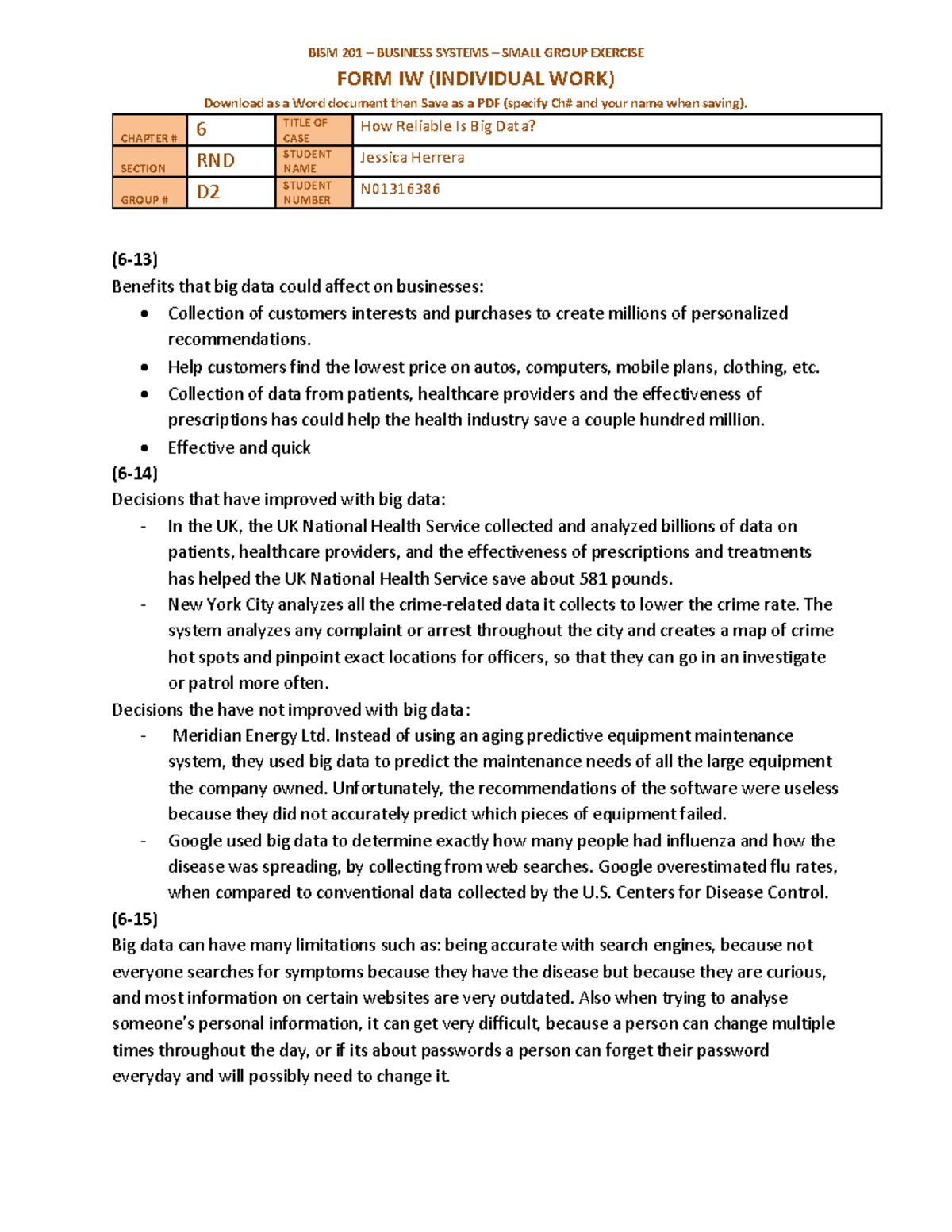 Form IW for Ch6 - Ch 6 case study - BISM 201 – BUSINESS SYSTEMS – SMALL ...