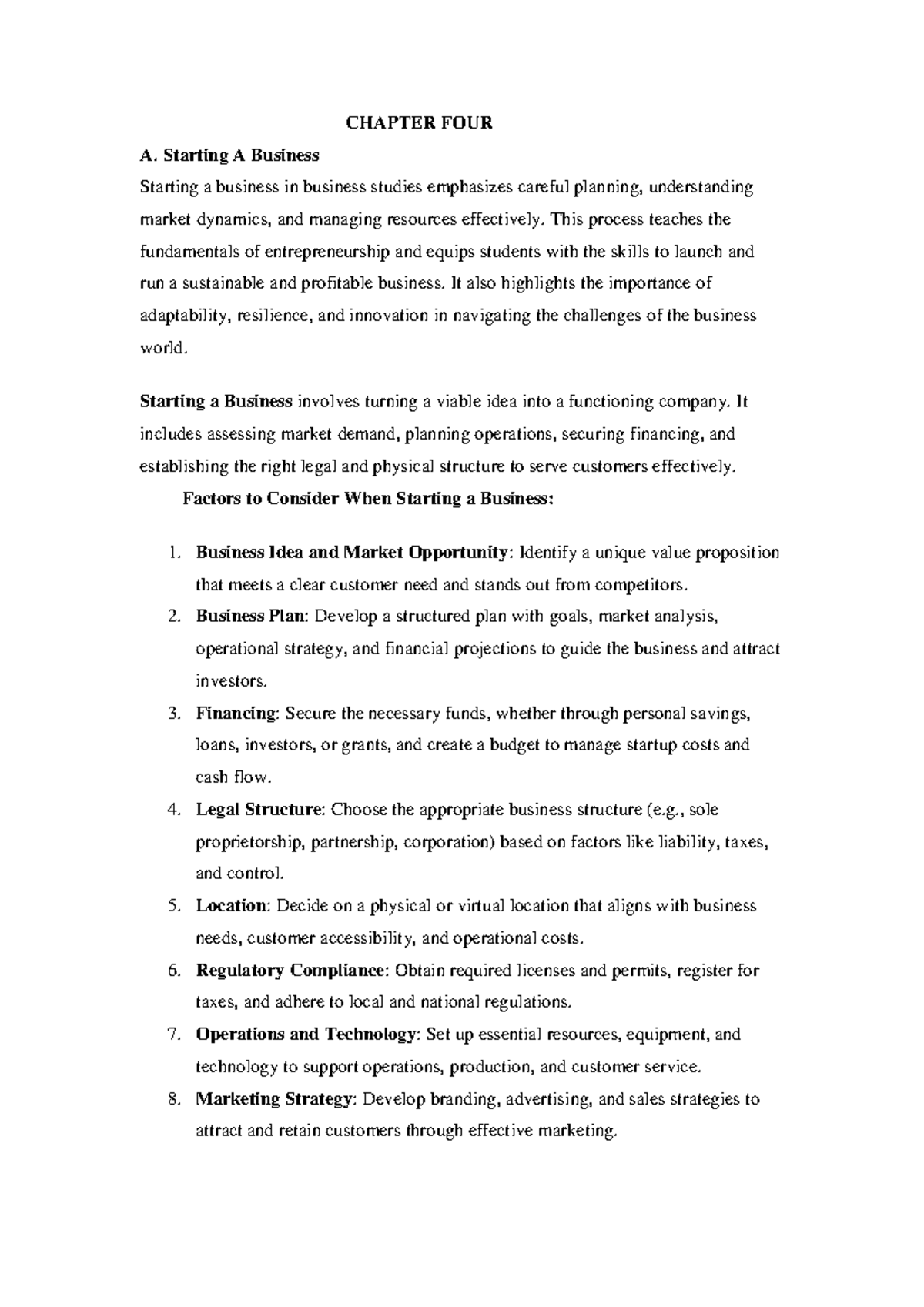 Danid BS Chapter 4 TO 7 Notes - CHAPTER FOUR A. Starting A Business ...