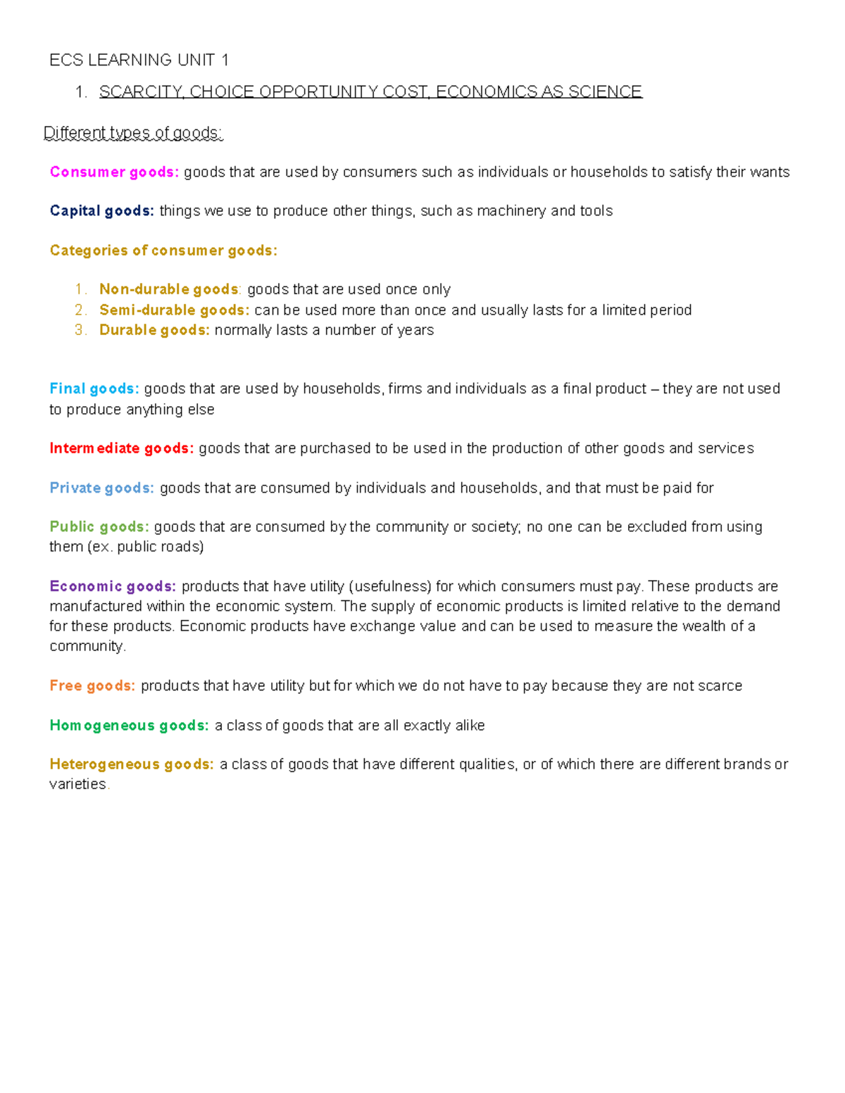 ECS Learning UNIT 1 final notes - ECS LEARNING UNIT 1 1. SCARCITY ...