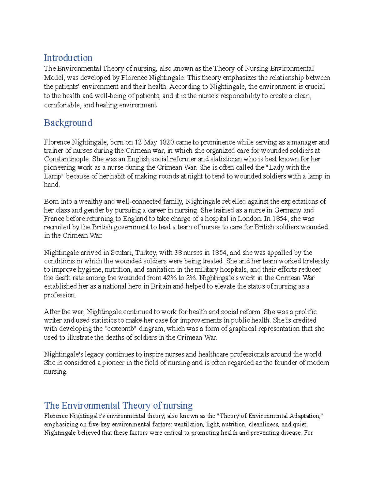 Florence Nightingale - group work - Introduction The Environmental ...
