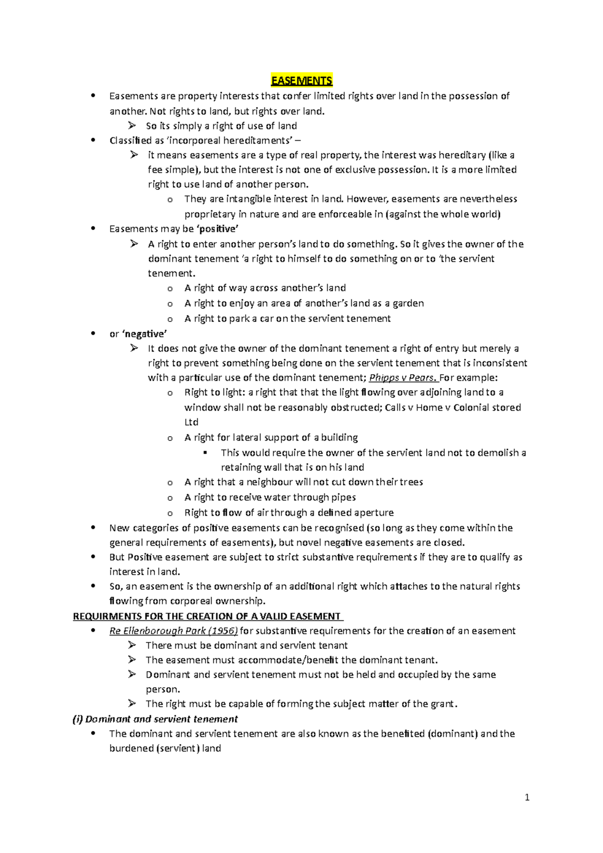 Week 10 - Summary of Easements for property law. - EASEMENTS Easements ...