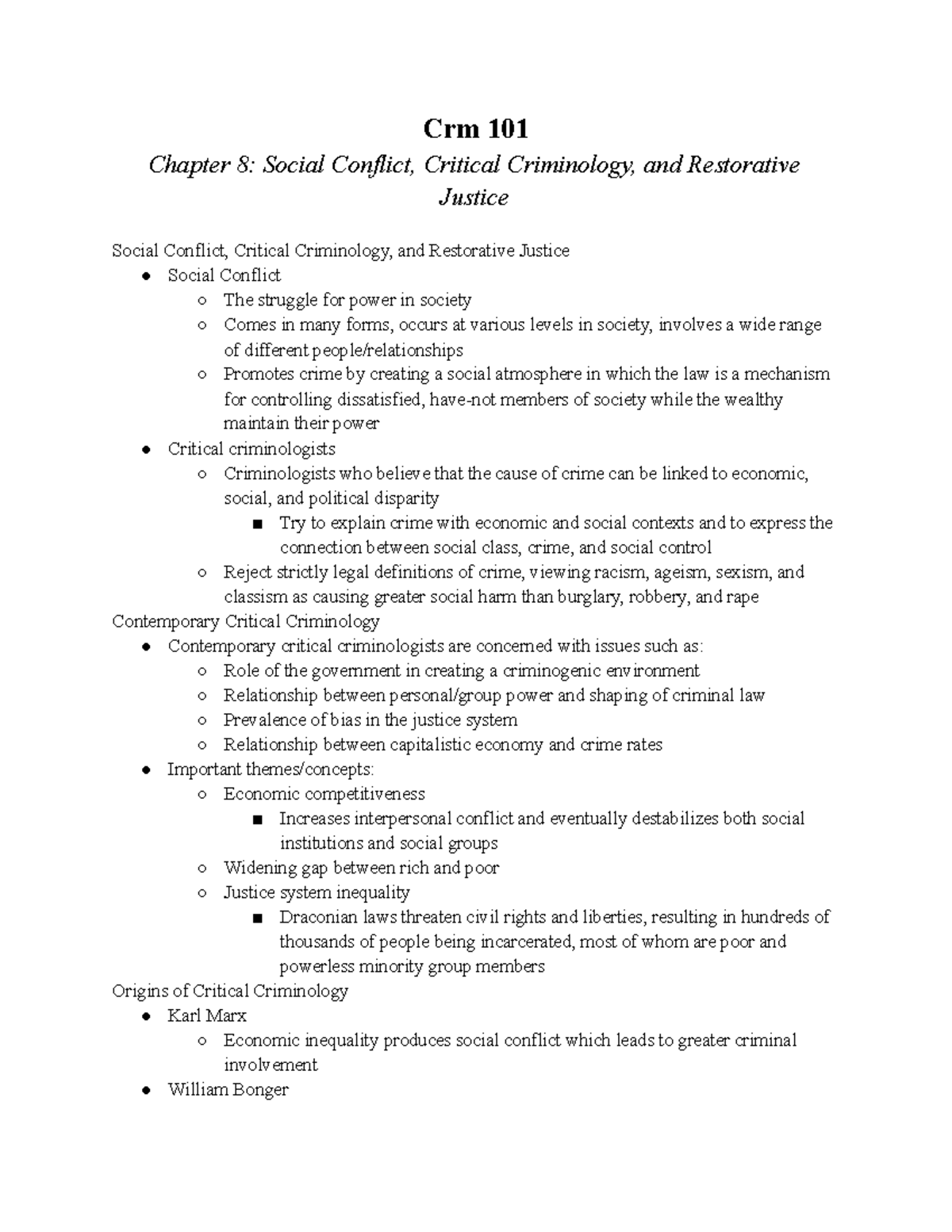 Crm 101 Chapter 8 - Social Conflict, Critical Crimonology, and Restorative Justice - Crm 101 ...