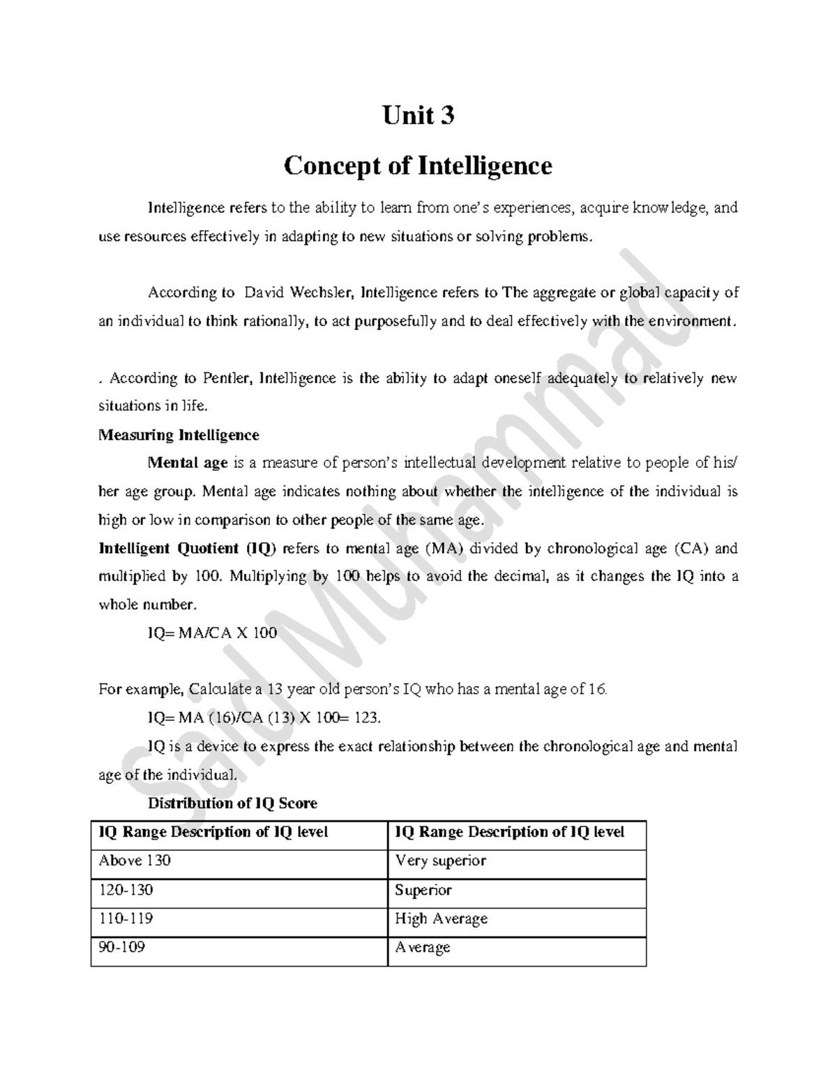 BPCc 103 Unit 3 notes - Unit 3 Concept of Intelligence Intelligence ...