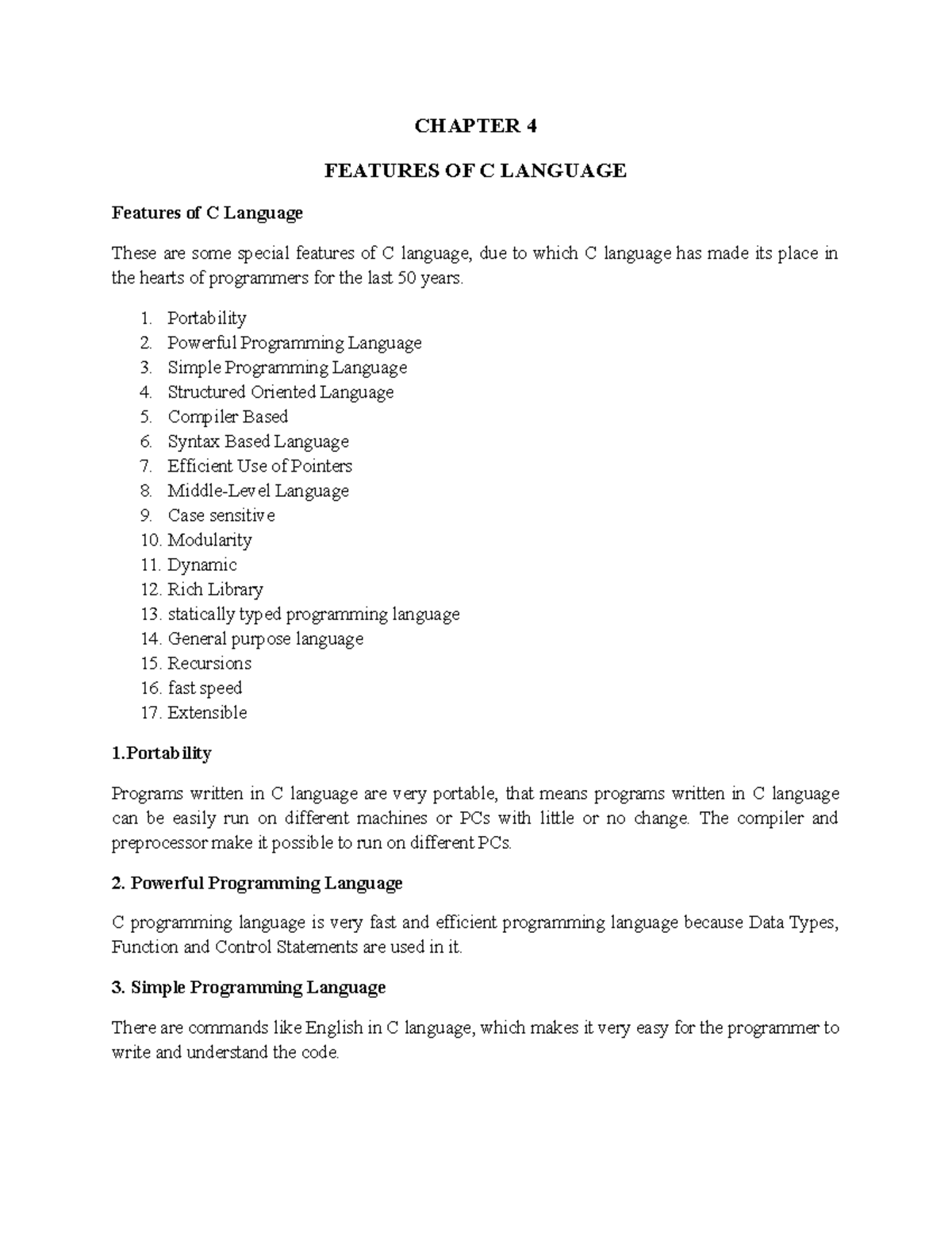 Chapter 4 Features OF C Language - CHAPTER 4 FEATURES OF C LANGUAGE Features of C Language These ...