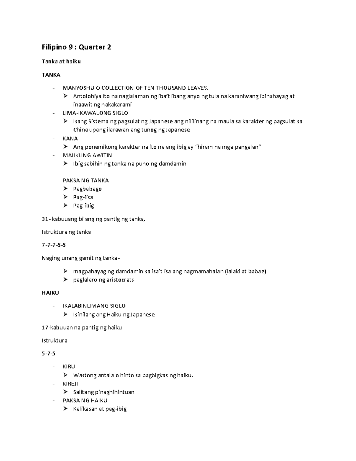 Filipino 9 q2 Reviewer - Filipino 9 : Quarter 2 Tanka at haiku TANKA ...