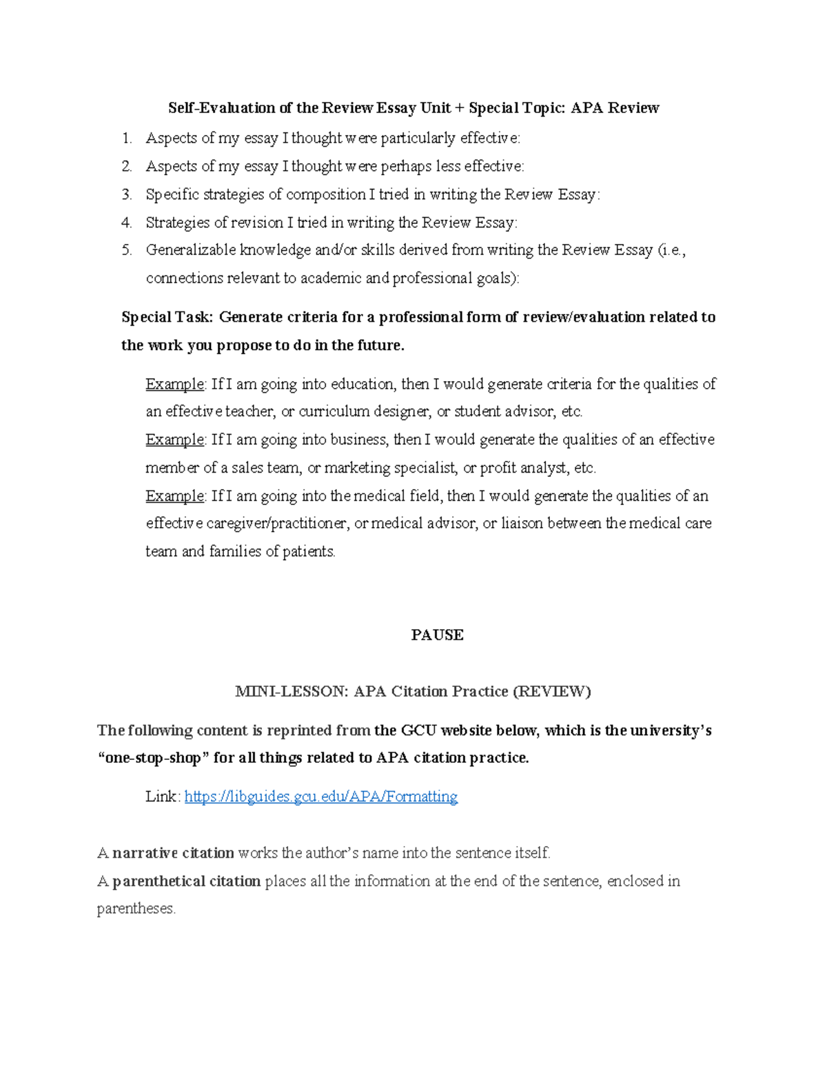 Self Assessment Post Review Essay and APA Review - Self-Evaluation of ...