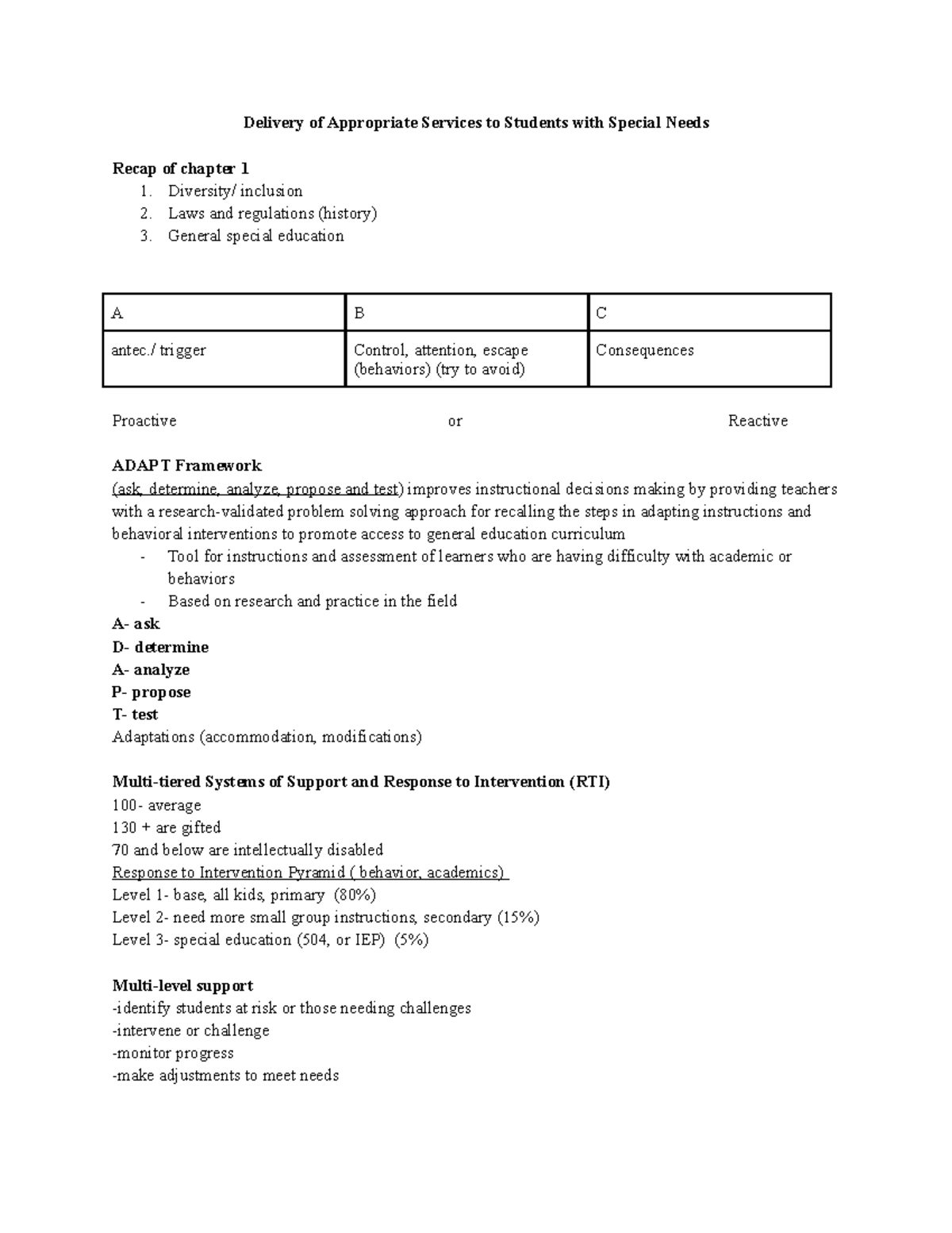 Chapter 2 notes - Delivery of Appropriate Services to Students with ...
