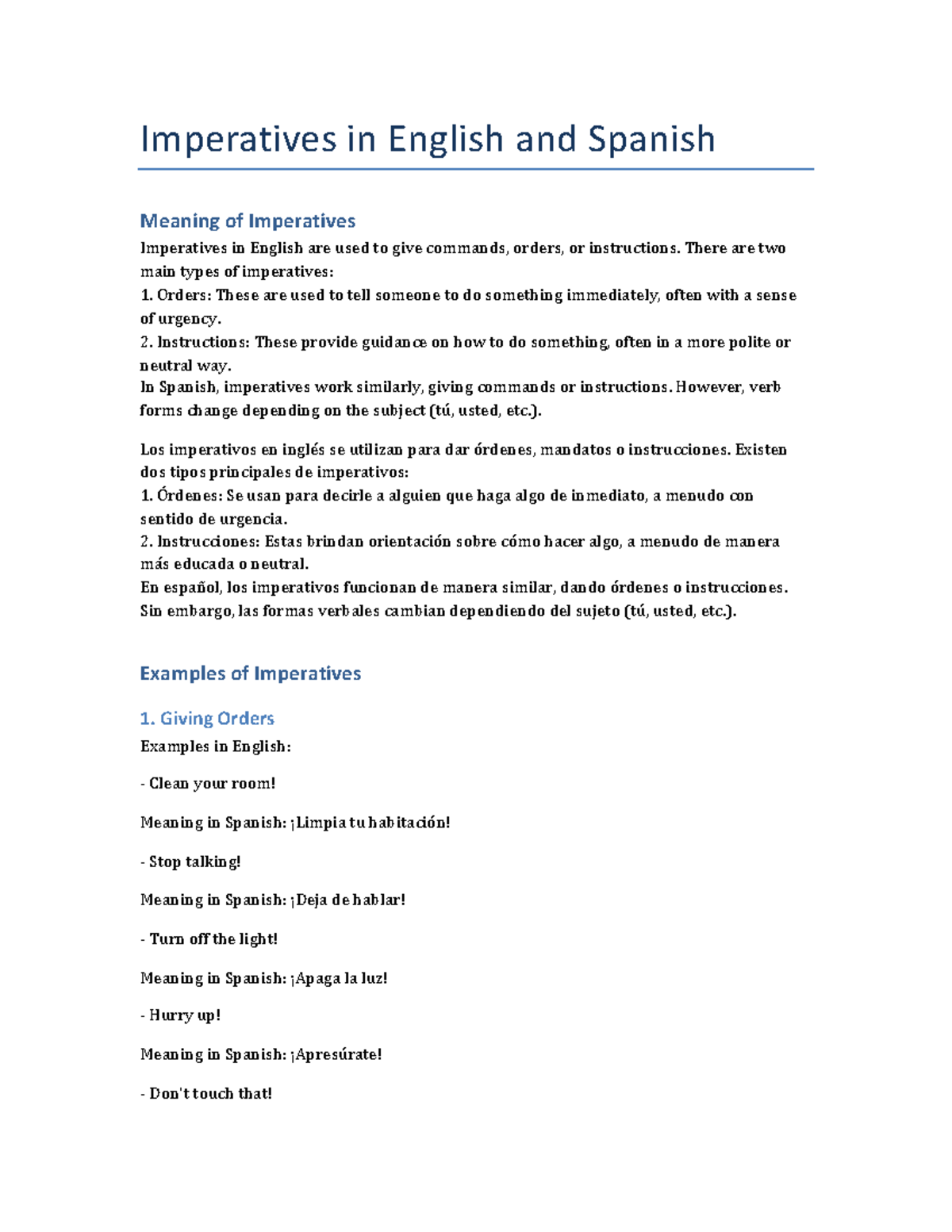 Imperatives English Spanish v2 - Imperatives in English and Spanish ...