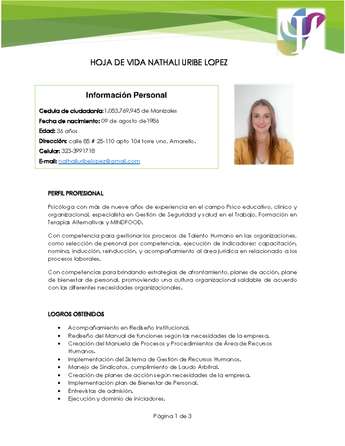 HOJA DE VIDA Nathali Uribe Lopez - HOJA DE VIDA NATHALI URIBE LOPEZ ...