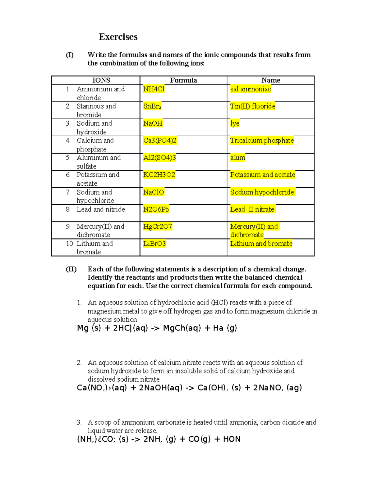 Writing and Balancing Equations Report sheet - Exercises (I) Write the ...