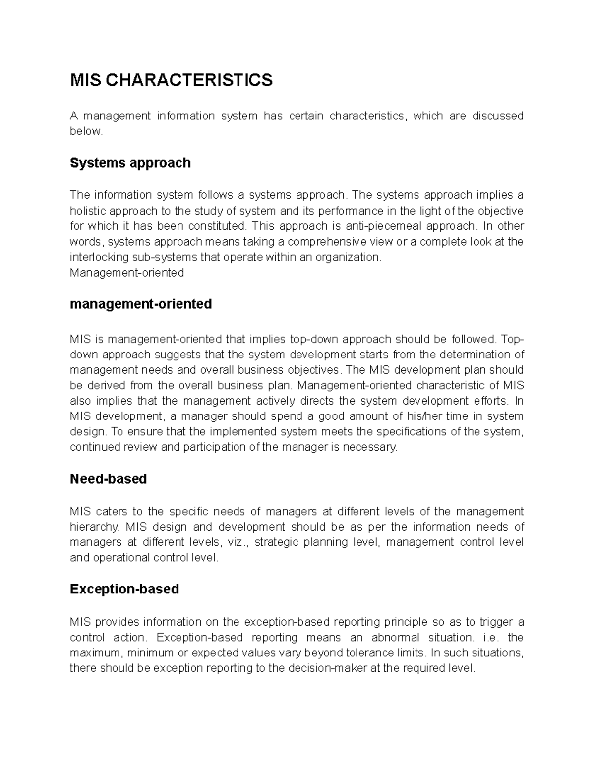 Characteristics of MIS - MIS CHARACTERISTICS A management information ...