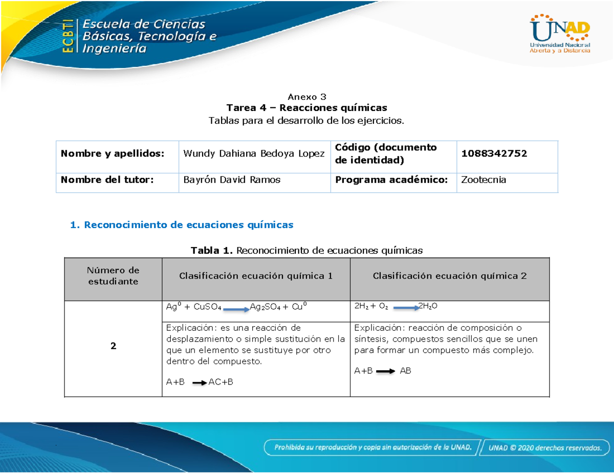 Anexo 3 - ejercicios - Anexo 3 Tarea 4 – Reacciones químicas Tablas para el desarrollo de los ...