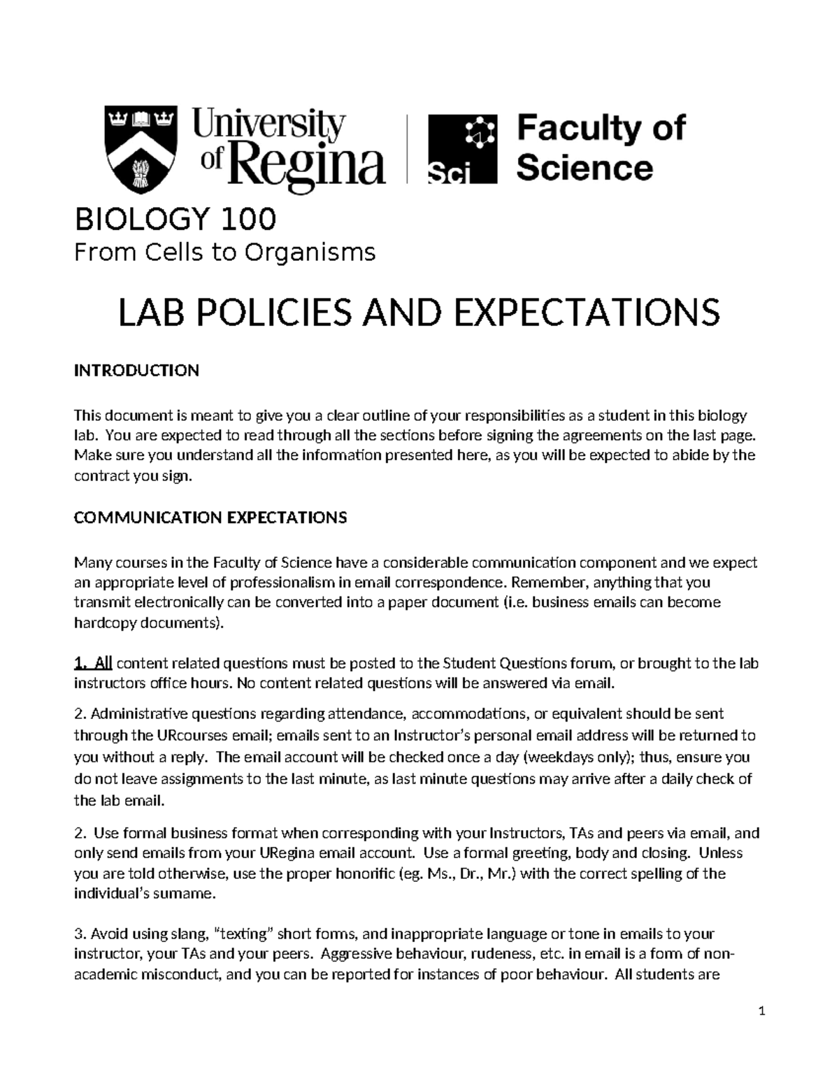 BIOL 100 - policies and expectations 2024 - BIOLOGY 100 From Cells to ...