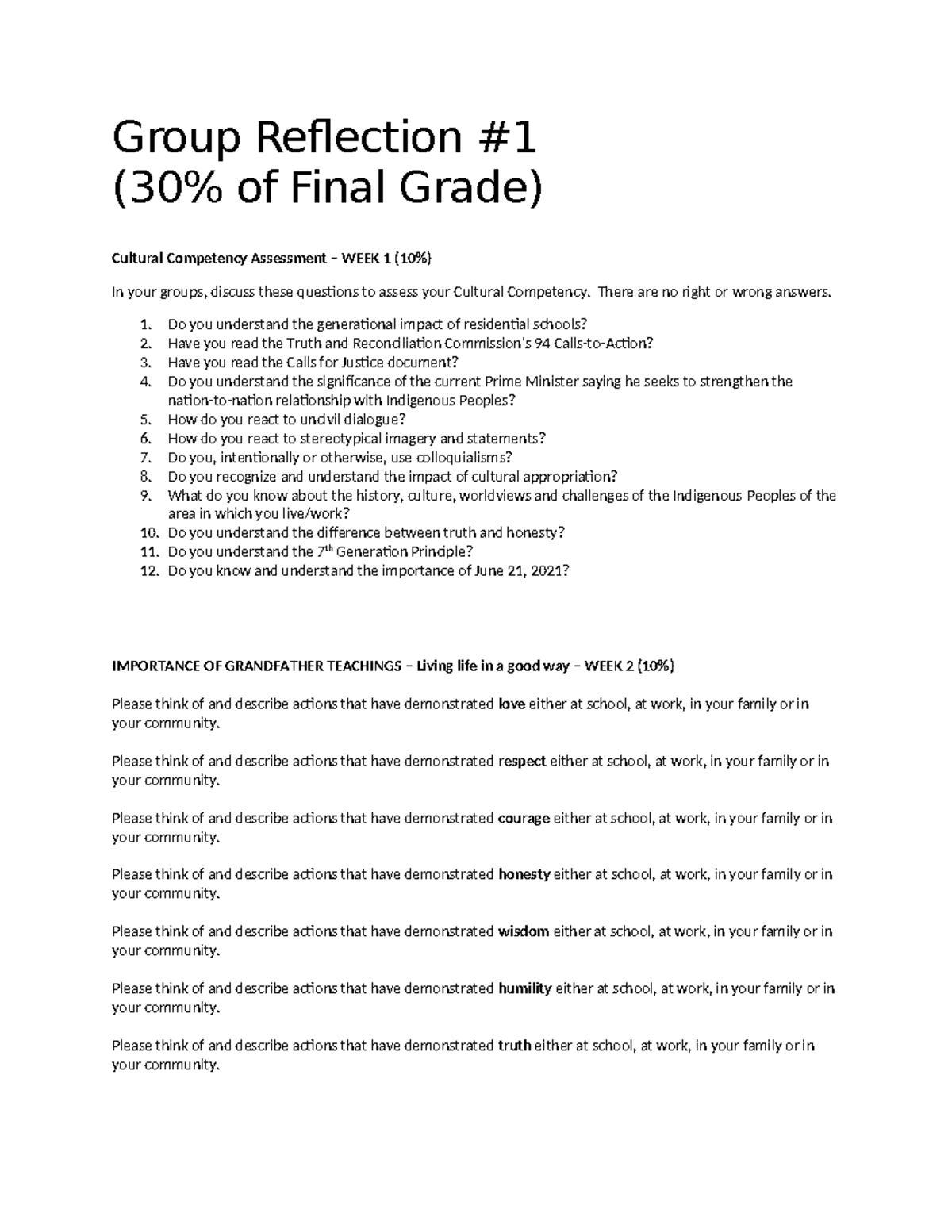 Assessment 1 - Group Reflection 30% - Group Reflection (30% of Final ...