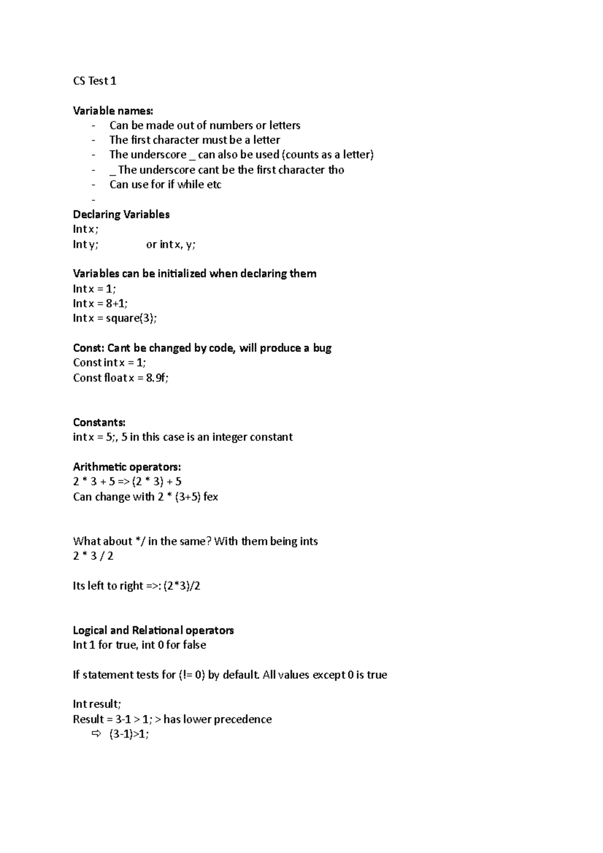 CS Test 1 Pugge - CS Test 1 Exam Notes - CS Test 1 Variable names ...