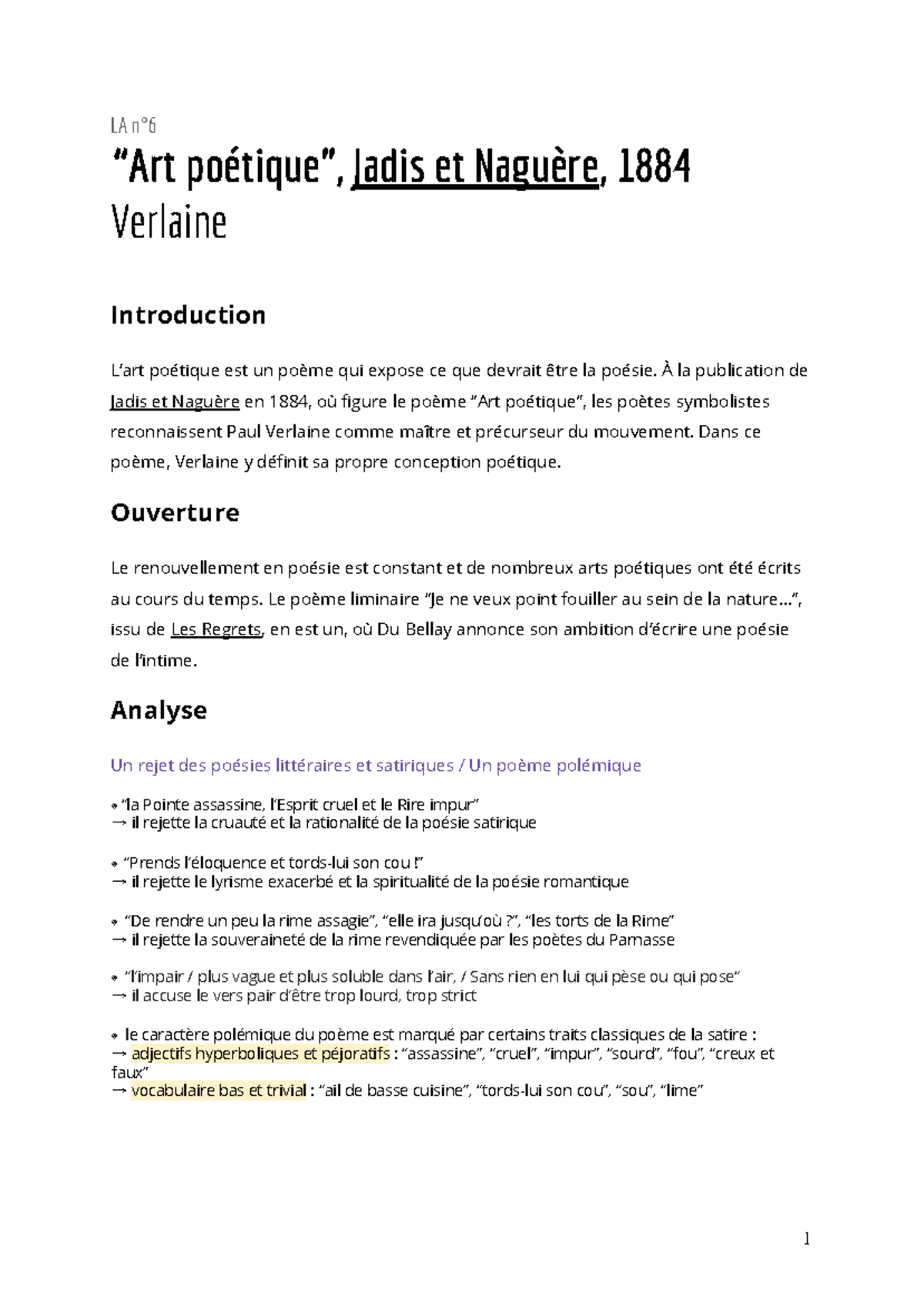 Art poétique - Jadis et Naguère, Verlaine - LA n° “Art poétique”, Jadis ...