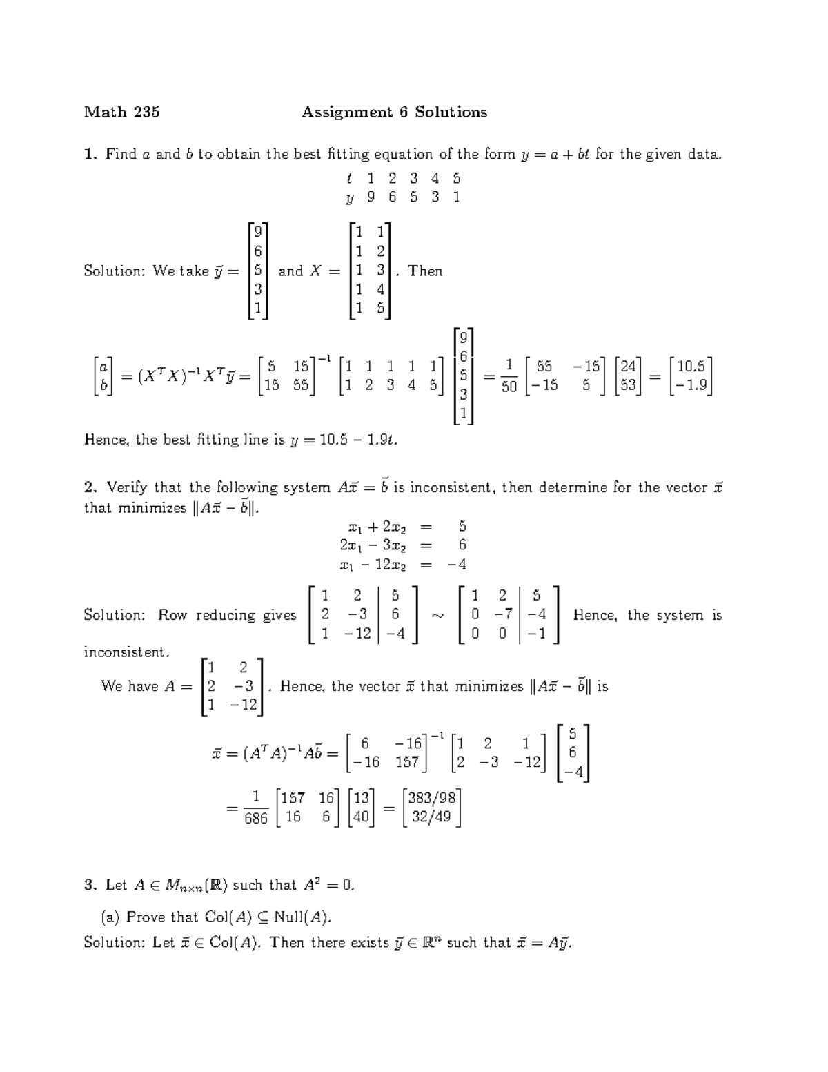 A6 Solution - assignment - Math 235 Assignment 6 Solutions Findaandbto obtain the best fitting ...