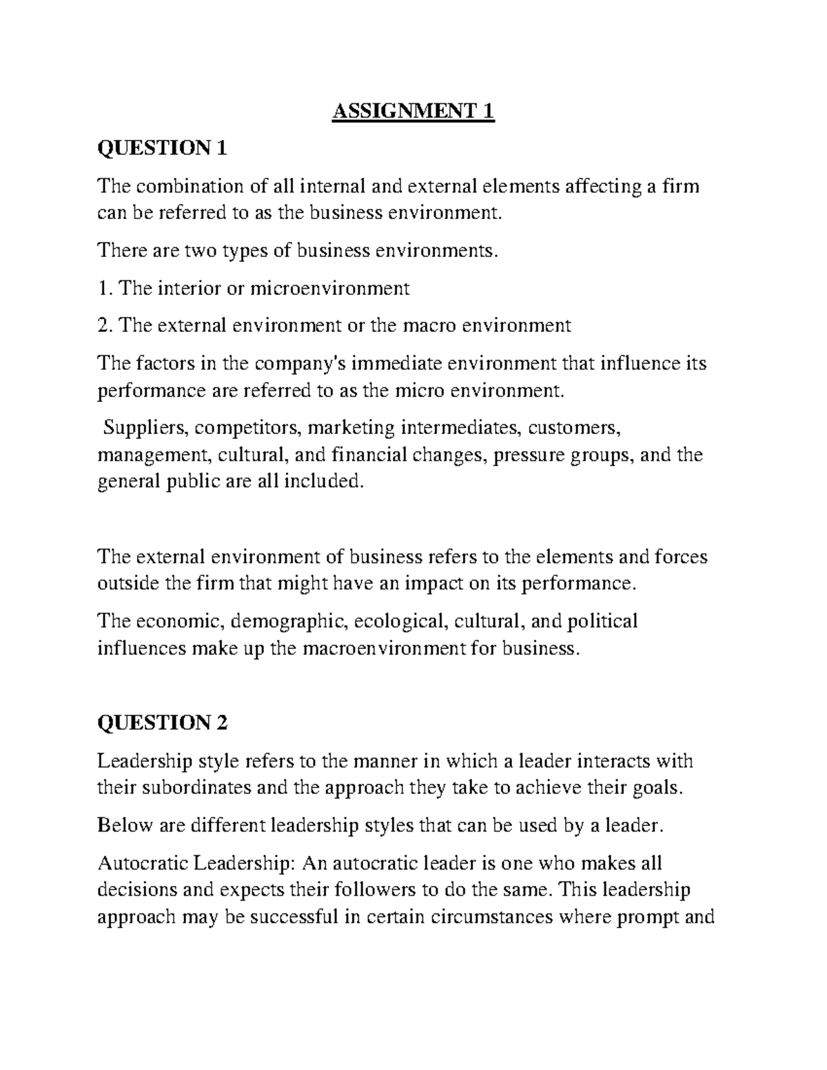 Assignment 1 - ASSIGNMENT 1 QUESTION 1 The combination of all internal ...