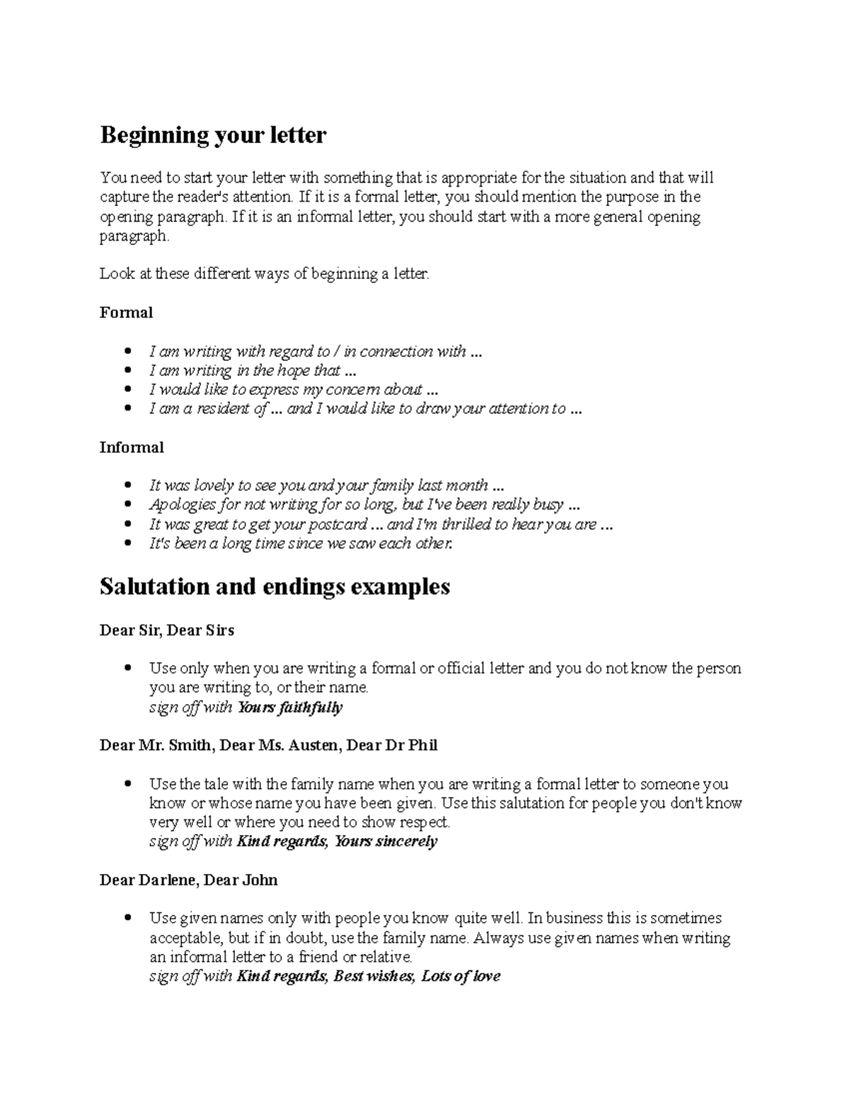 Ôn thi email - Beginning your letter You need to start your letter with ...