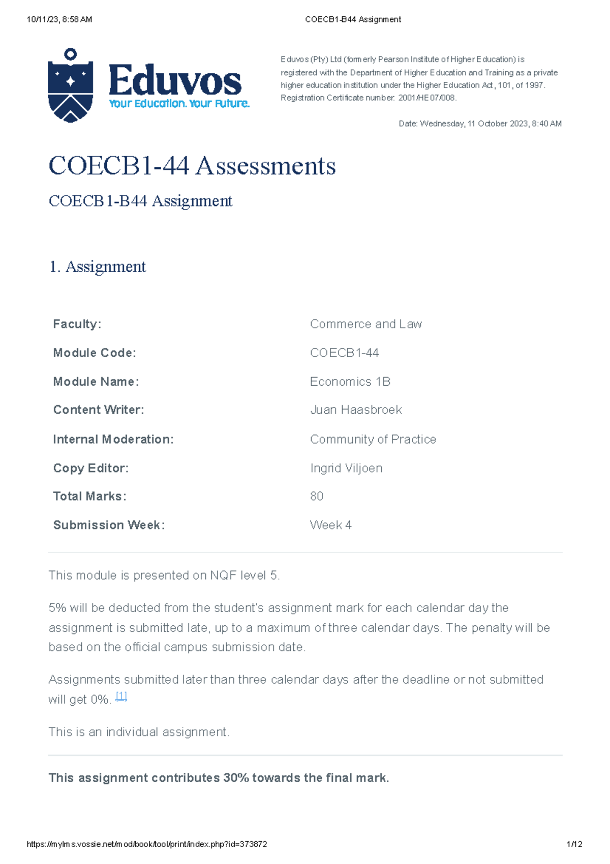 Coecb 1-B44 Assignment - Eduvos (Pty) Ltd (formerly Pearson Institute ...