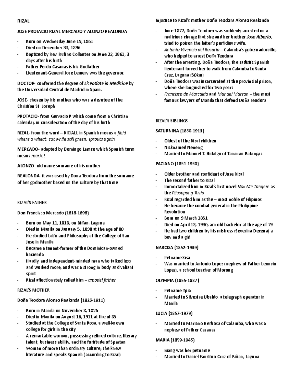 Rizal-reviewer - History - RIZAL JOSE PROTACIO RIZAL MERCADO Y ALONZO ...