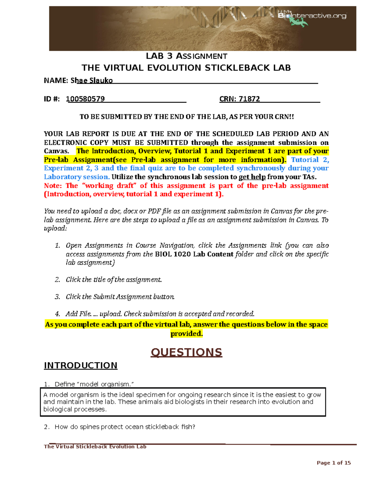 lab 3 - Lab 3 Assignment - LAB 3 ASSIGNMENT THE VIRTUAL EVOLUTION ...