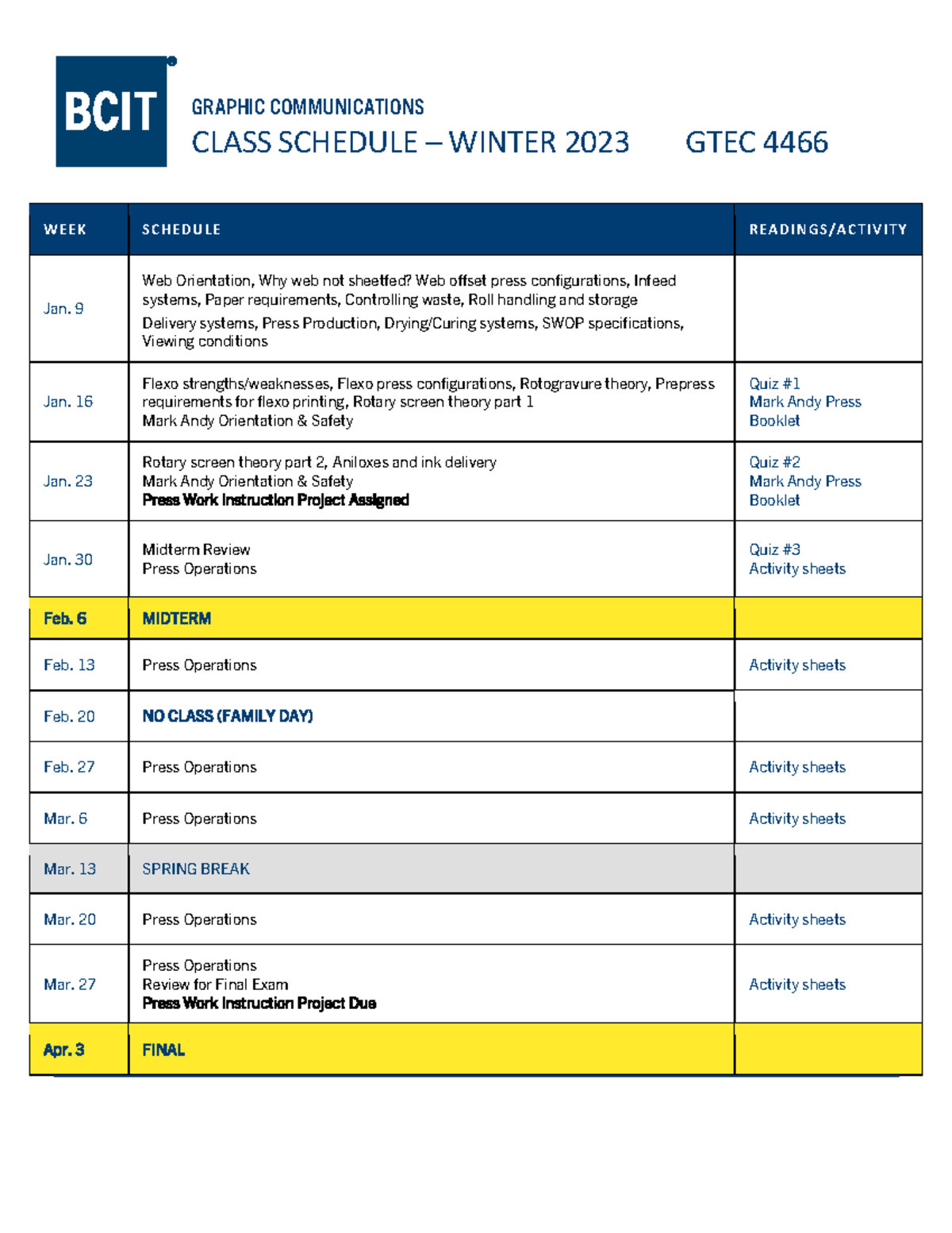 GTEC 4466 2023 Schedule - GRAPHIC COMMUNICATIONS CLASS SCHEDULE – WINTER 2023 GTEC 4466 WE E K ...