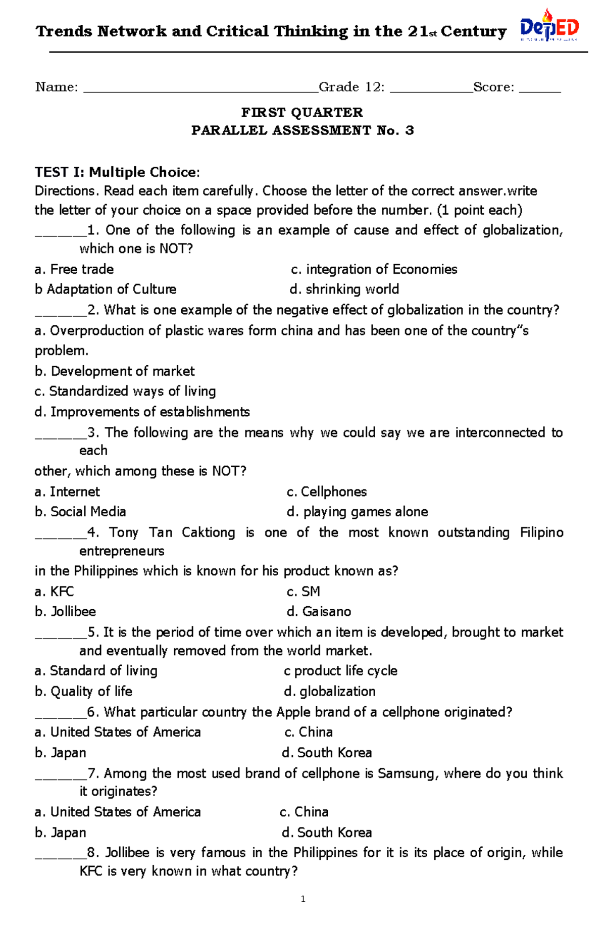 Parallel Assessment Trends for Module 3 - Name ...