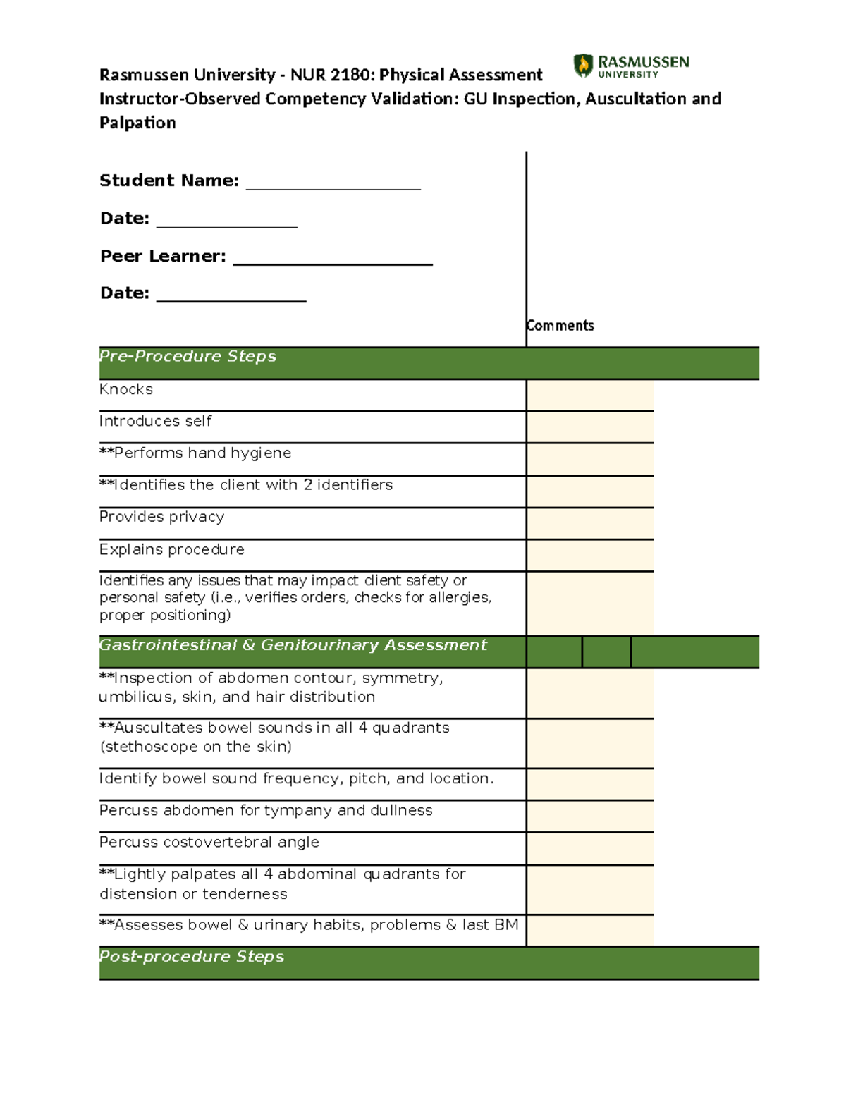 NUR2180 Module 04 Peer to Peer Document GI Inspection Auscultation ...