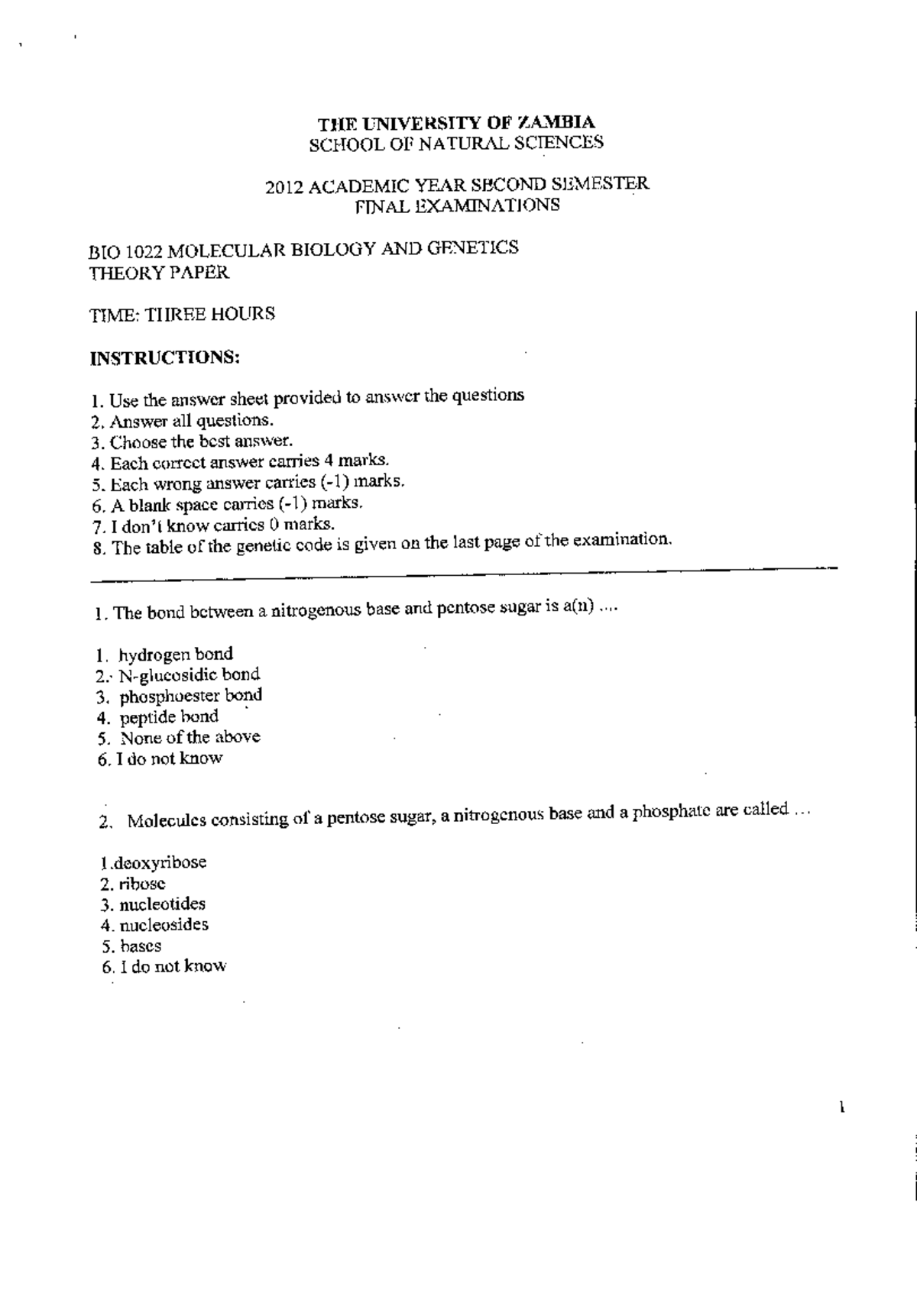 BIO 1412 2012 PAST Paper - Genetics and Molecular Biology - UNZA - Studocu