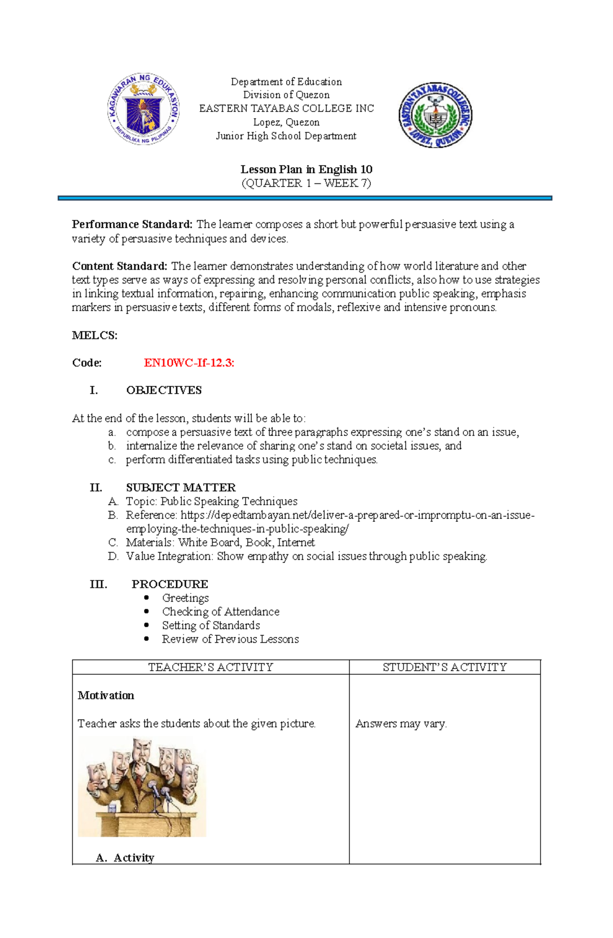 LP-PS Techniques - English 10-1st Quarter - Lesson Plan in English 10 ...