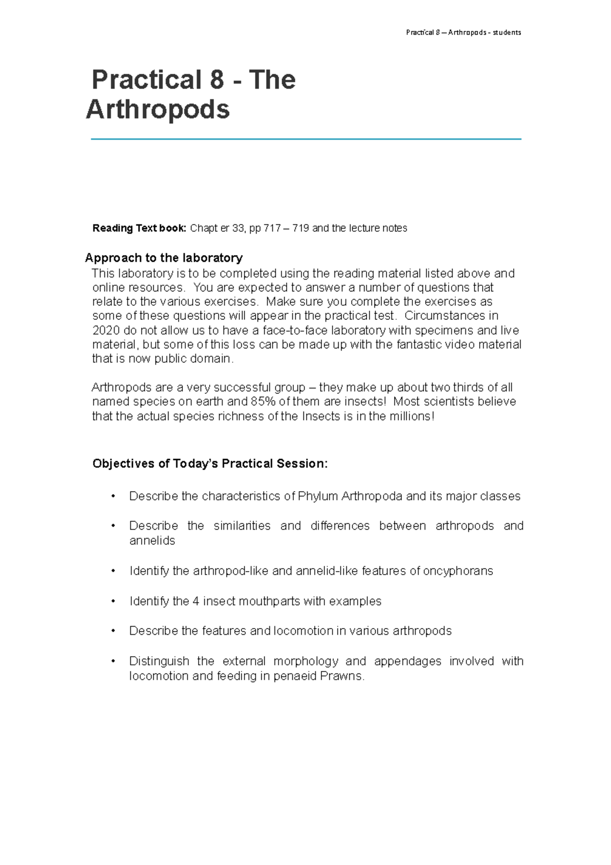 Prac 8 Arthropods - Practical Handout-students-2022 - Practical 8 - The ...