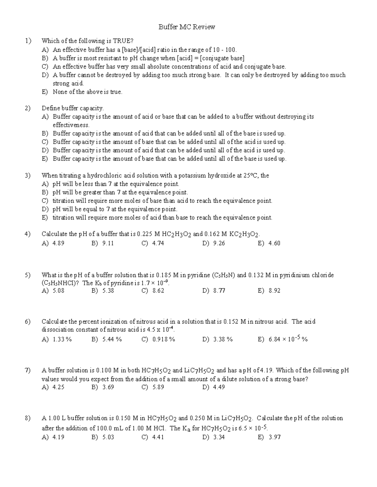 Buffer Multiple Choice Practice - Buffer MC Review 1) Which of the ...