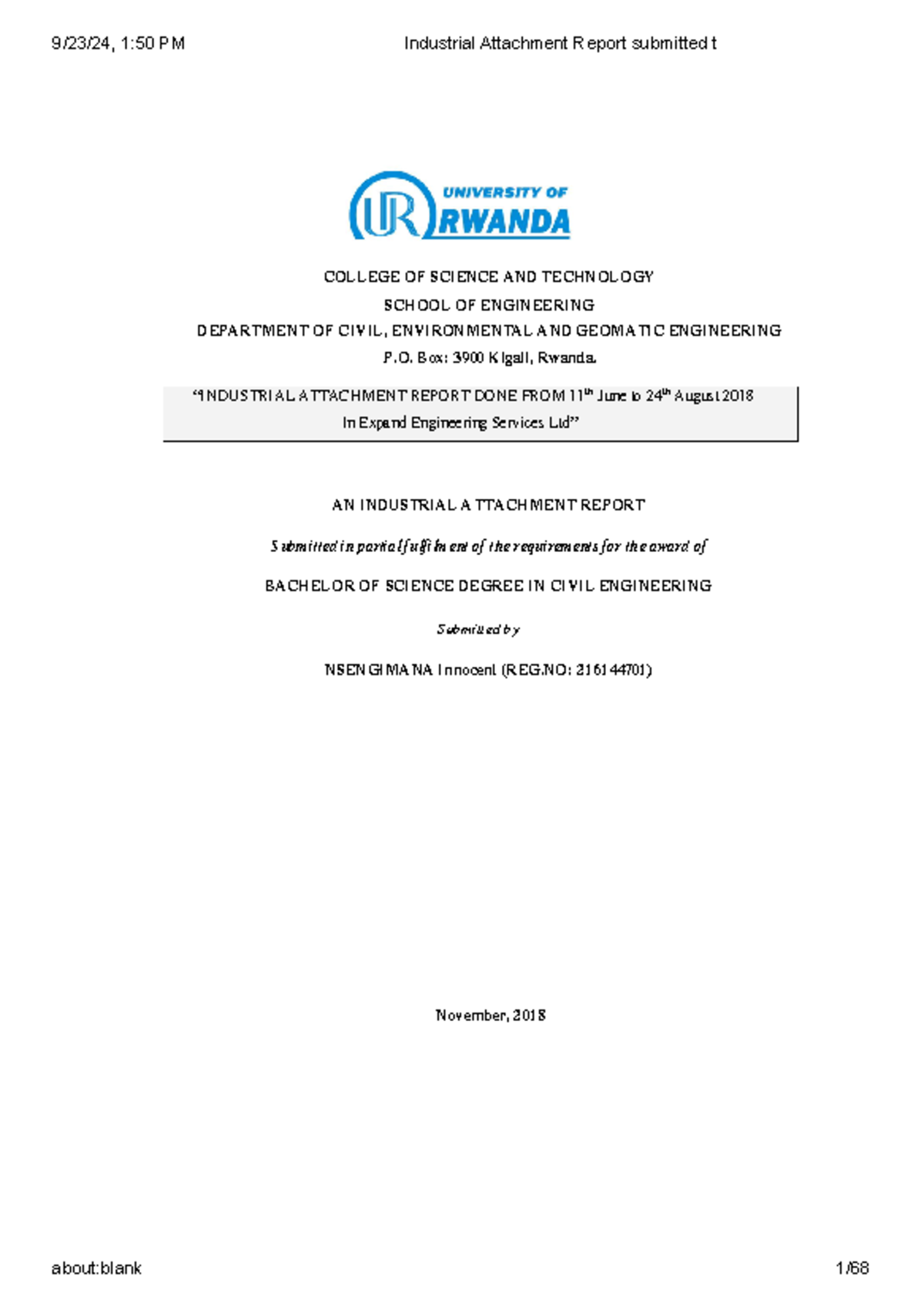 Industrial Attachment Report submitted t - COLLEGE OF SCIENCE AND ...