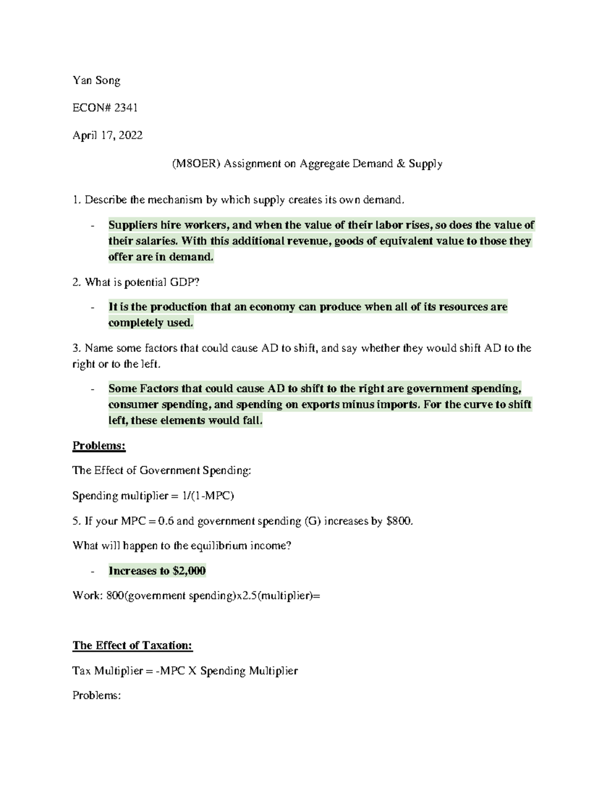 Assignment on Aggregate Demand ^0 Supply - Yan Song ECON# 2341 April 17, 2022 (M8OER) Assignment ...