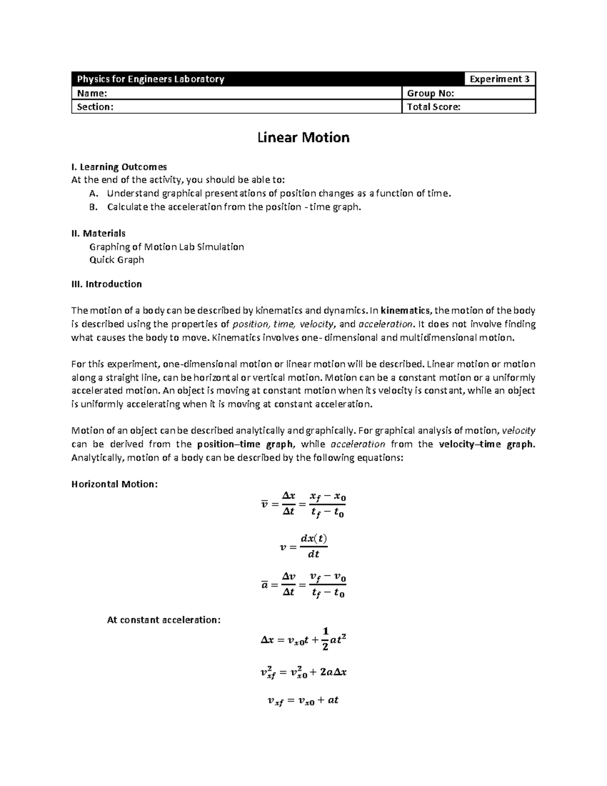 E3 Linear Motion - Physics for Engineers Laboratory Experiment 3 Name ...