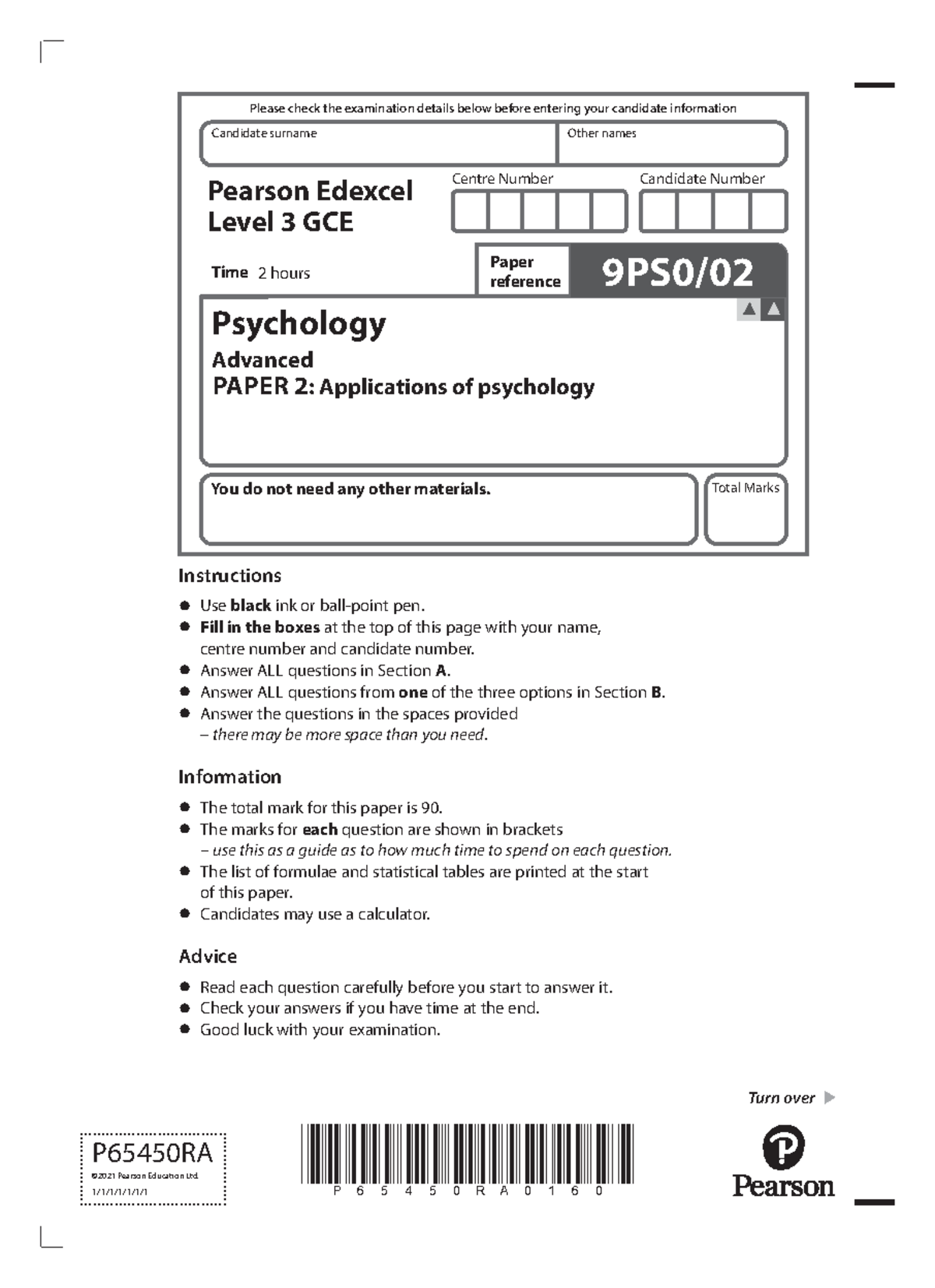 9PS0 02 que 20211009 - snsnns - P65450RA0160 Turn over Pearson E d ...
