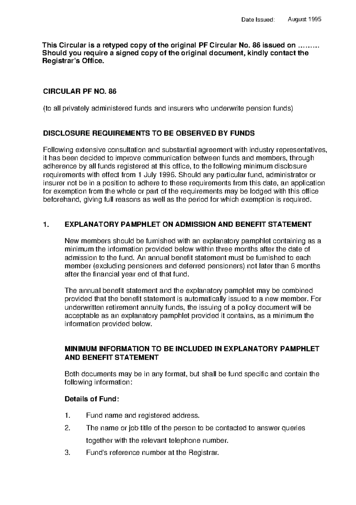 PF Circular 86 - notes - Date Issued: August 1995 This Circular is a ...