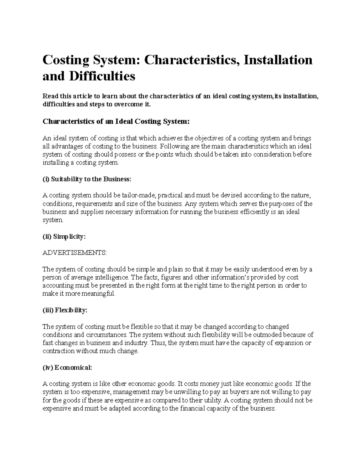 Installation of a costing system notes - Costing System ...
