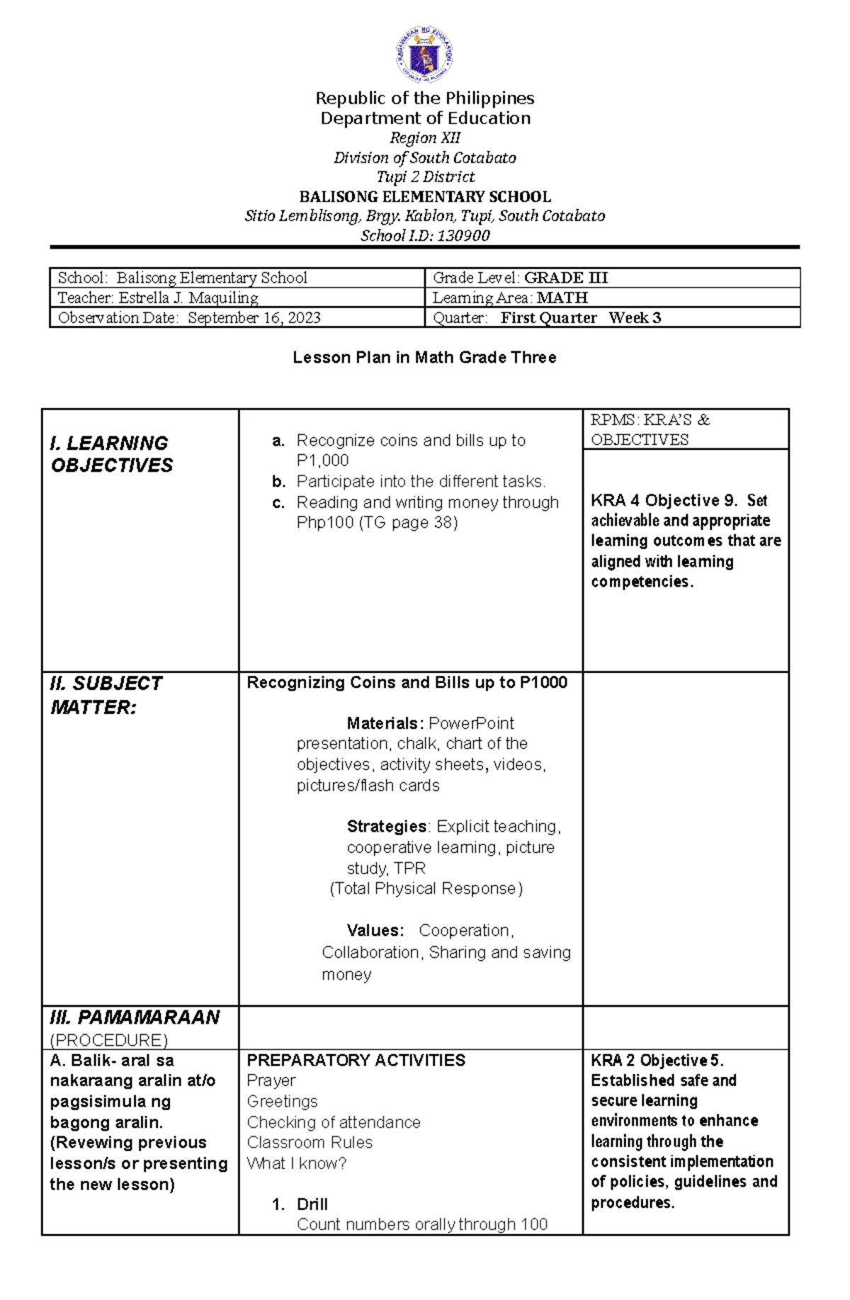Lesson PLAN IN MATH 3 CO 1 - Republic of the Philippines Department of ...