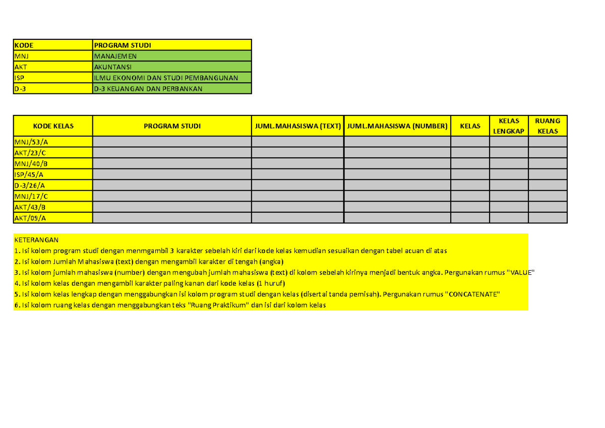 Latihan Excel Dasar - Praktik menggunakan rumus Concatenate dan Value - KODE PROGRAM STUDI MNJ ...