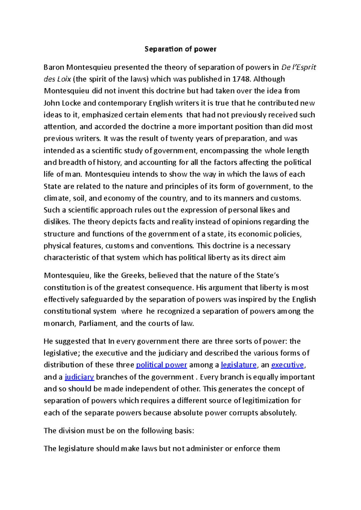 Separation of power - it gives a - Separation of power Baron ...