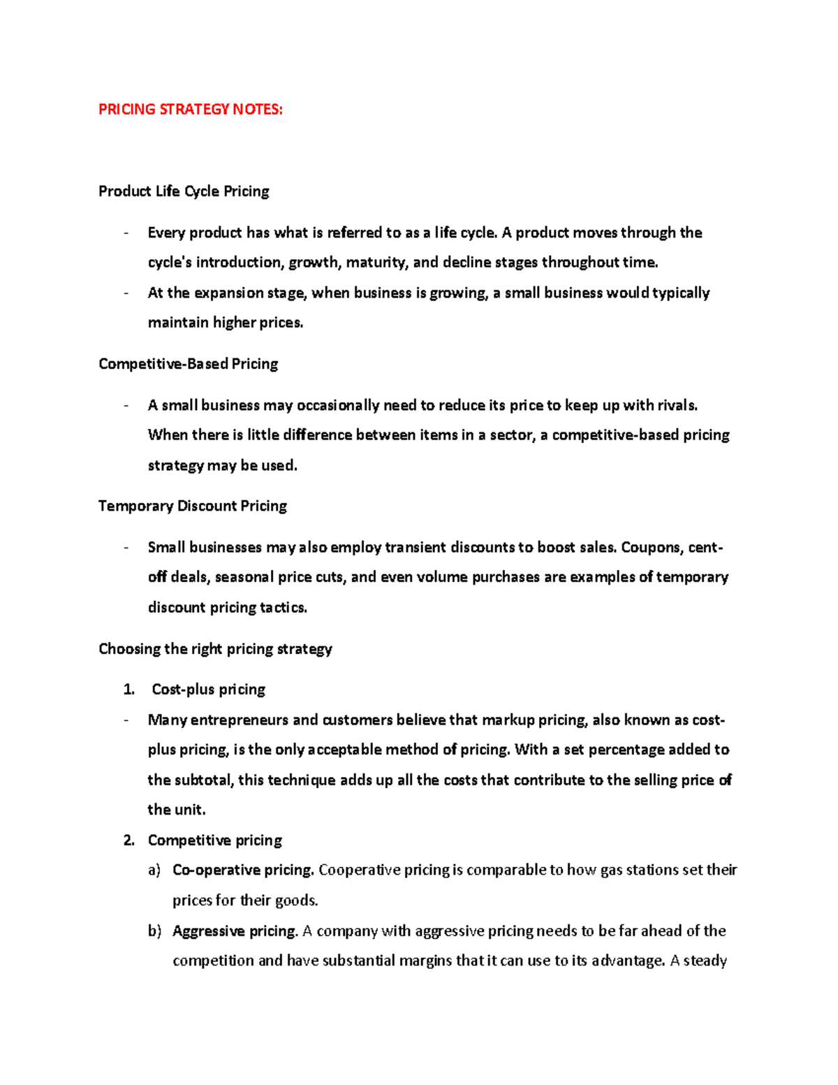 Pricing Strategy - PRICING STRATEGY NOTES: Product Life Cycle Pricing ...