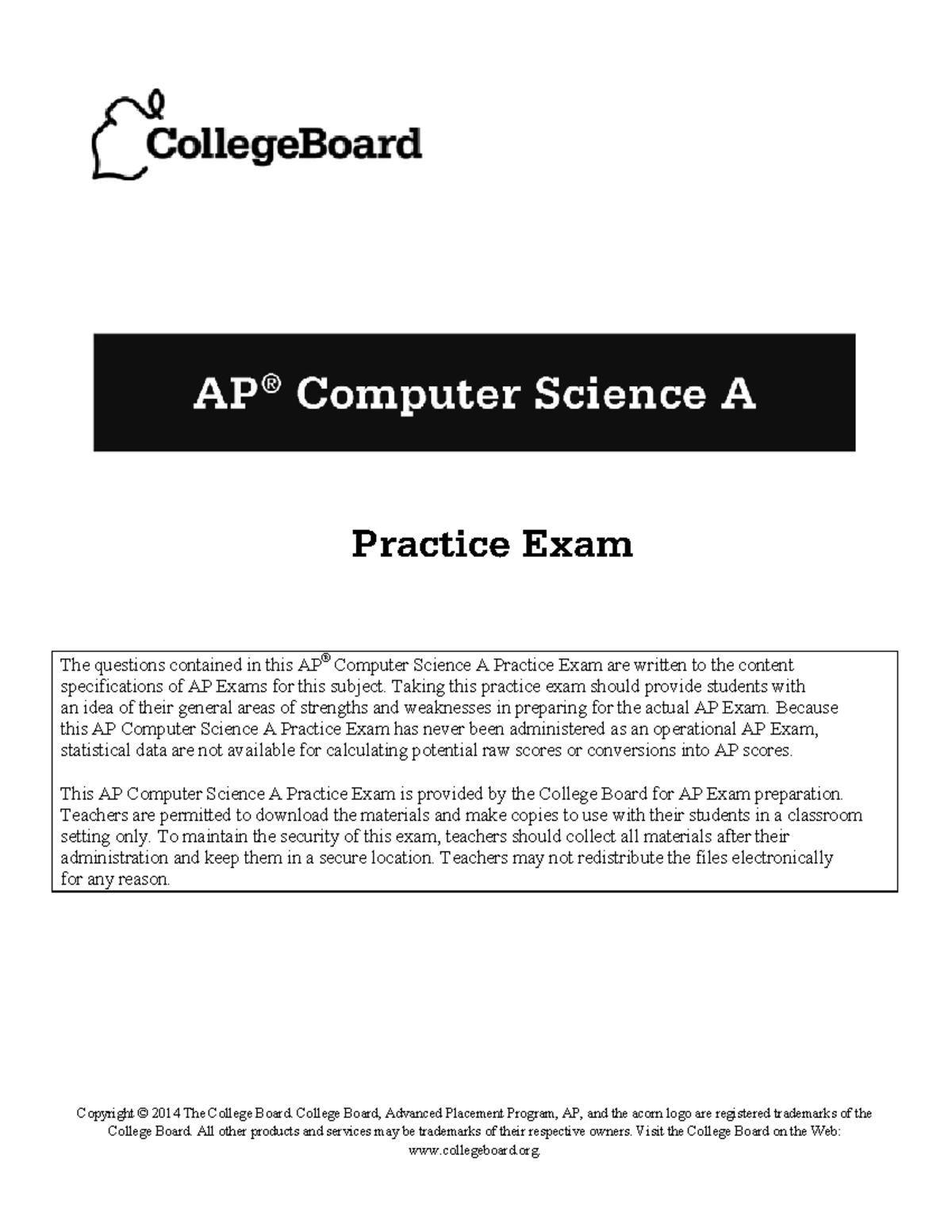 2014 AP Computer Science A Practice Exam MCQ Multiple Choice Questions ...