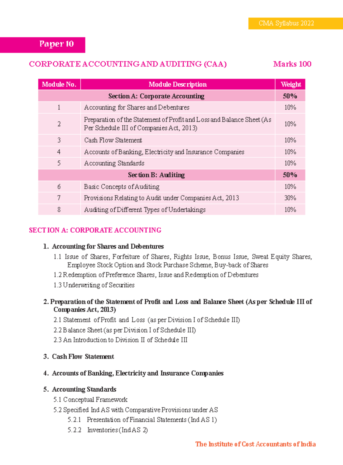 P10 - Notes - CMA Syllabus 2022 The Institute of Cost Accountants of ...