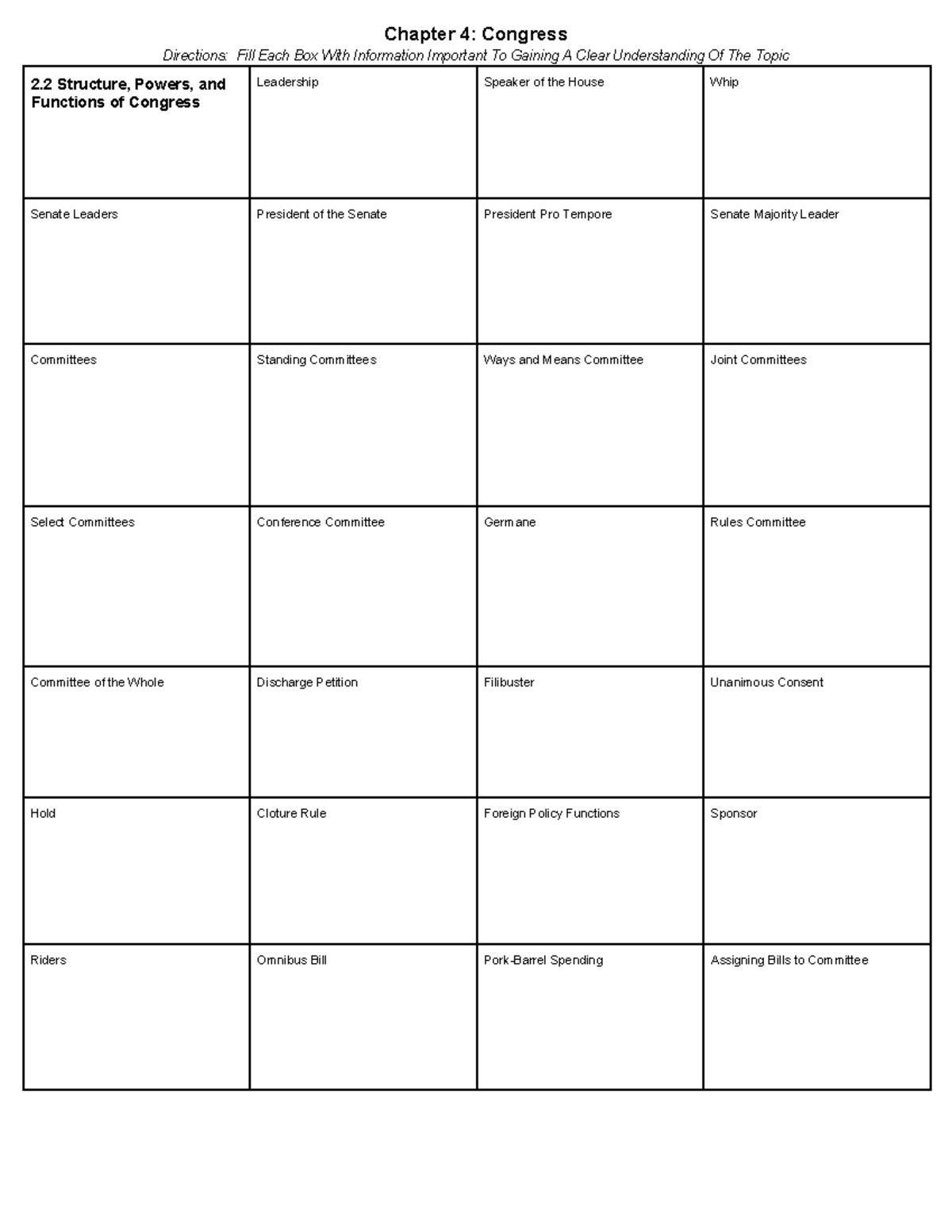 2.2 Amsco AP Government Reading Guide - Chapter 4: Congress Directions ...