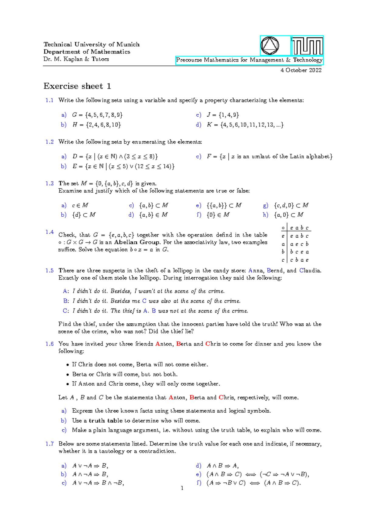 Exercise 1 - Mengen und Aussagen - Technical University of Munich ...