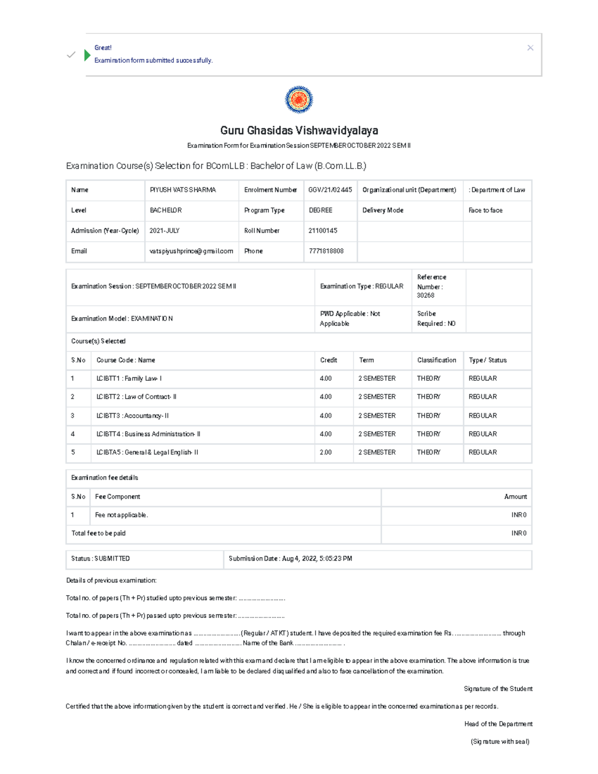Samarth e Gov - Ass - Great! Examination form submitted successfully ...