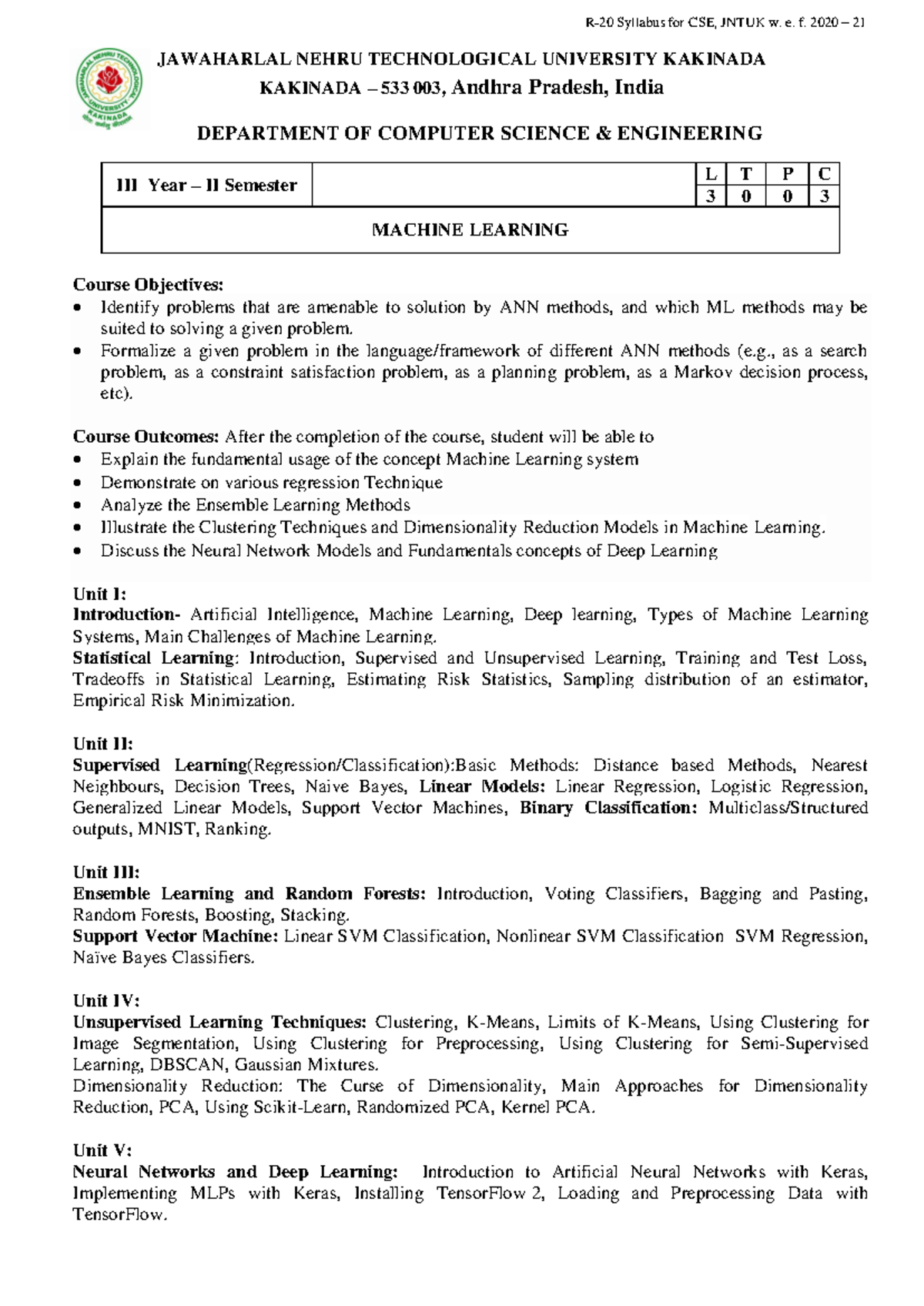 Machine Learning Syllabus - R- 20 Syllabus for CSE, JNTUK w. e. f. 2020 – 21 JAWAHARLAL NEHRU ...
